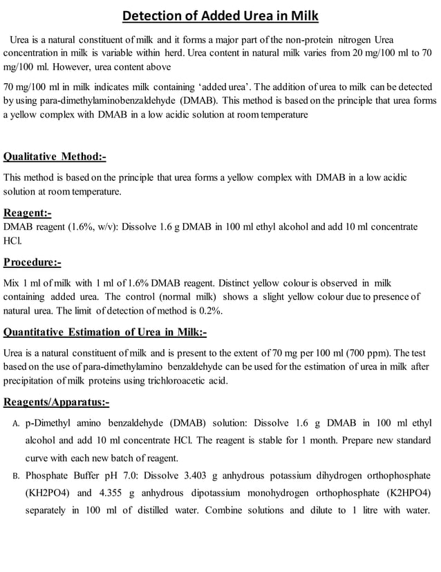 Detection Of Added Urea In Milk Pdf Agriculture Industries