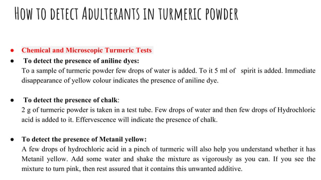 Detection of adulteration in turmeric and chilli powder | PPTX ...