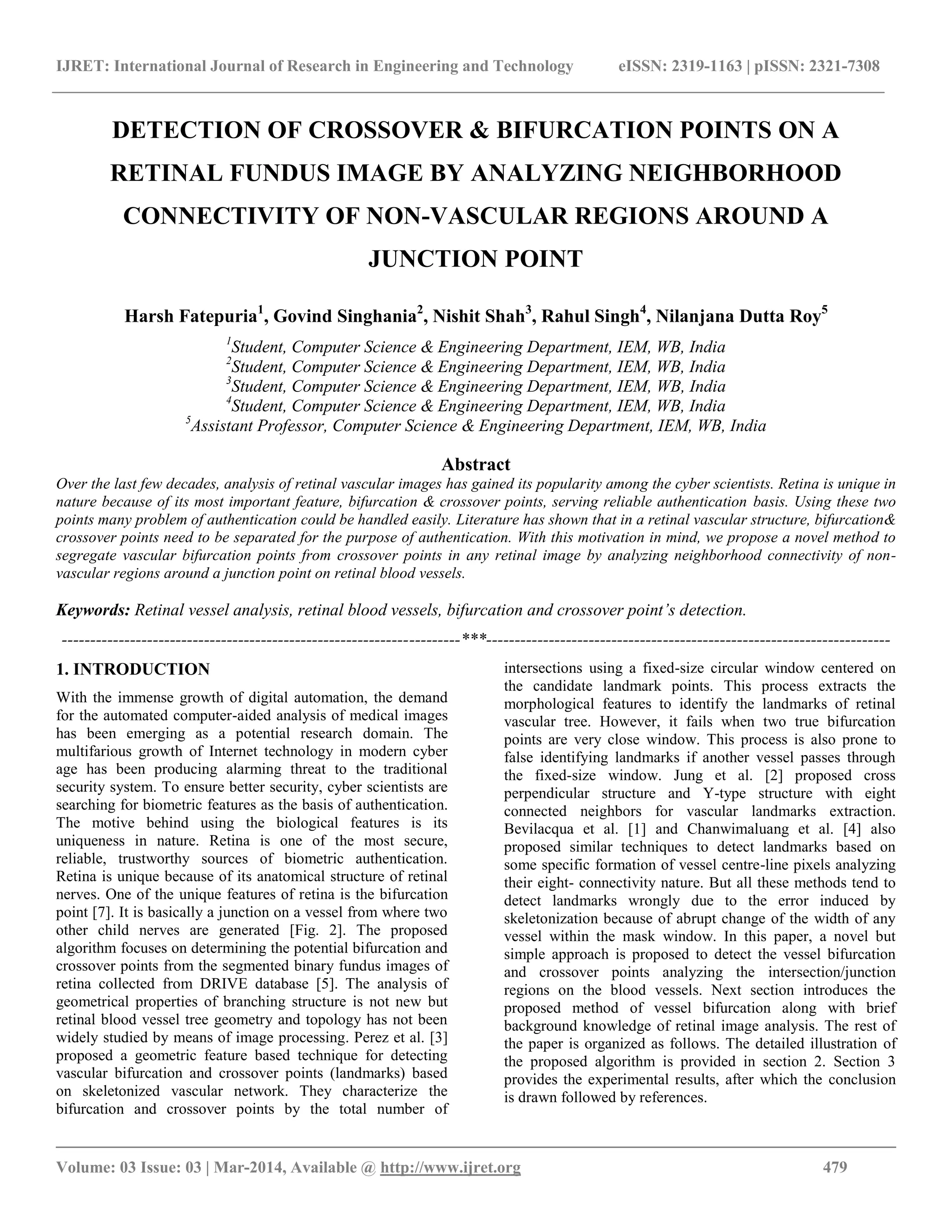 Detection Of Crossover And Bifurcation Points On A Retinal Fundus Image By Analyzing Neighborhood
