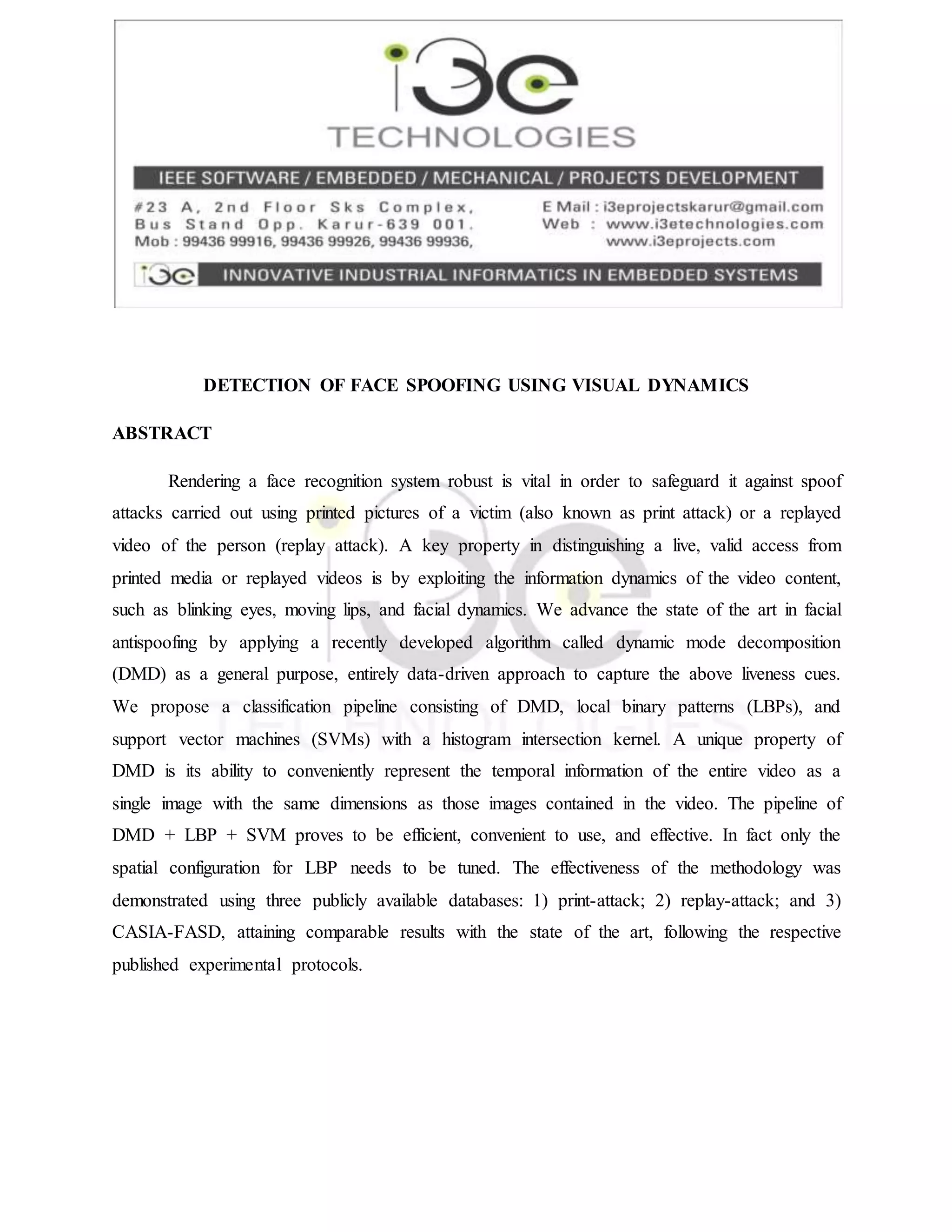Detection Of Face Spoofing Using Visual Dynamics Pdf