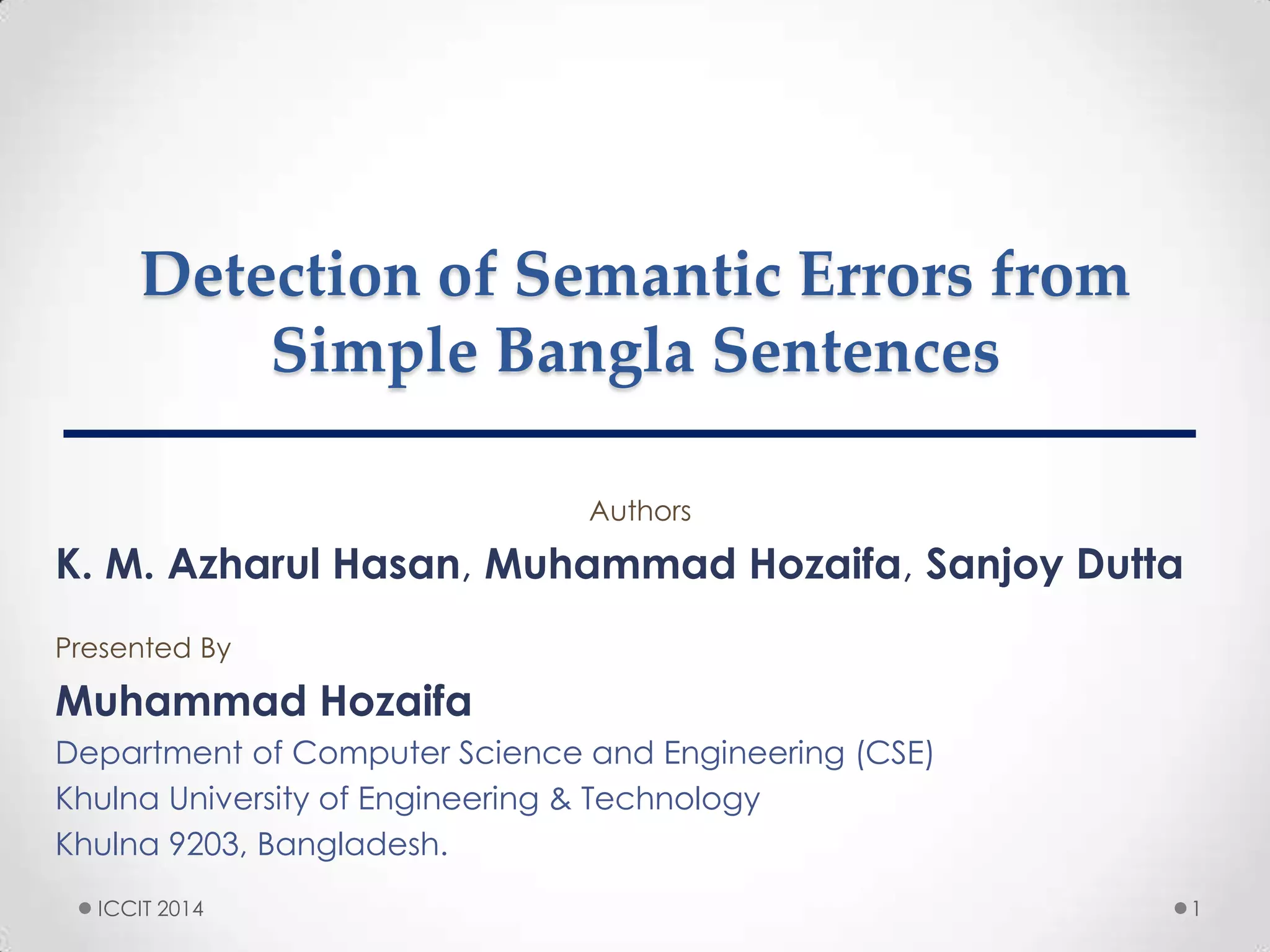 Detection of semantic errors from simple bangla sentences | PPT