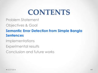 Detection of semantic errors from simple bangla sentences | PPT