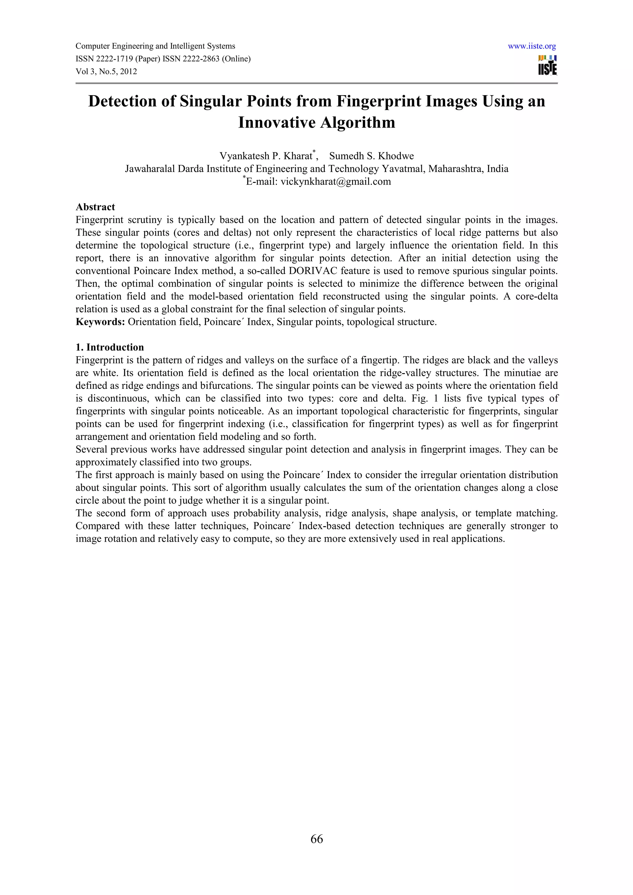 Detection Of Singular Points From Fingerprint Images Using An Innovative Algorithm Pdf