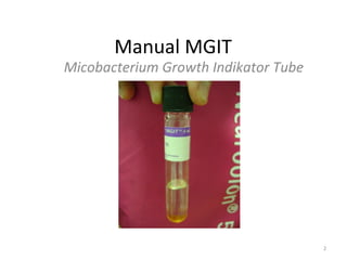 Deteksi mikobakterium menggunakan manual mgit dan bactectm mgittm 960 system | PDF