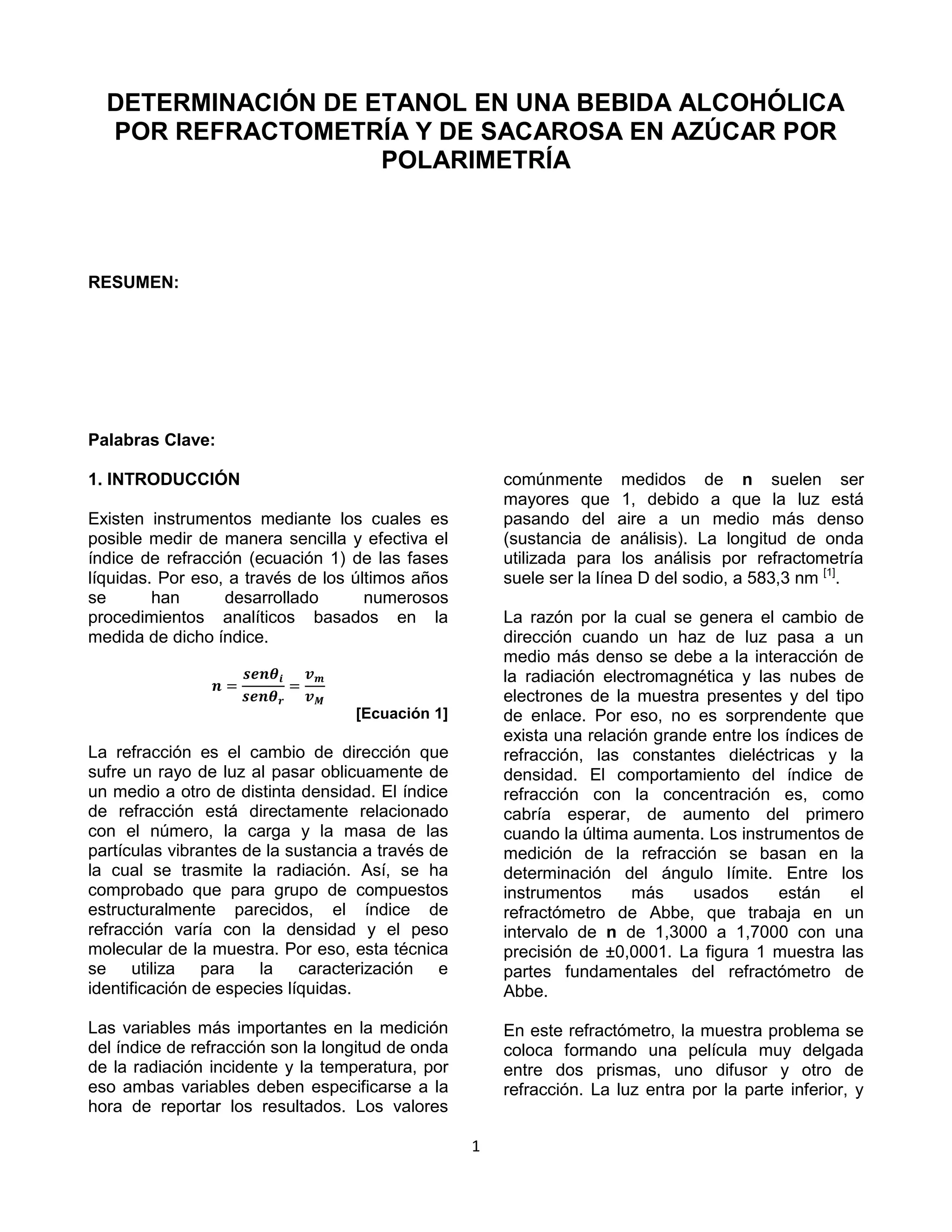 Determinación De Etanol En Una Bebida Alcohólica Por Refractometría Y