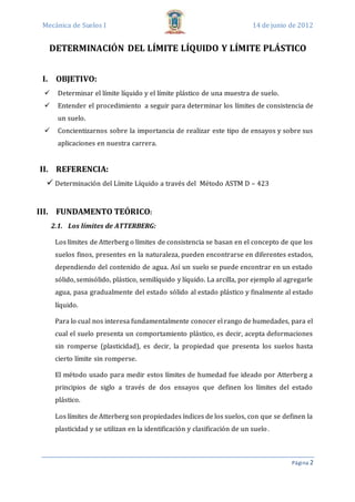 Determinación del limite liquido y limite plastico ok | DOCX