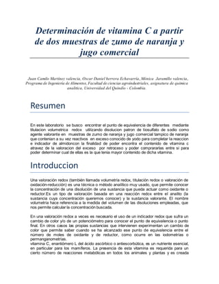 Determinación de vitamina c a partir de dos muestras de zumo de naranja ...