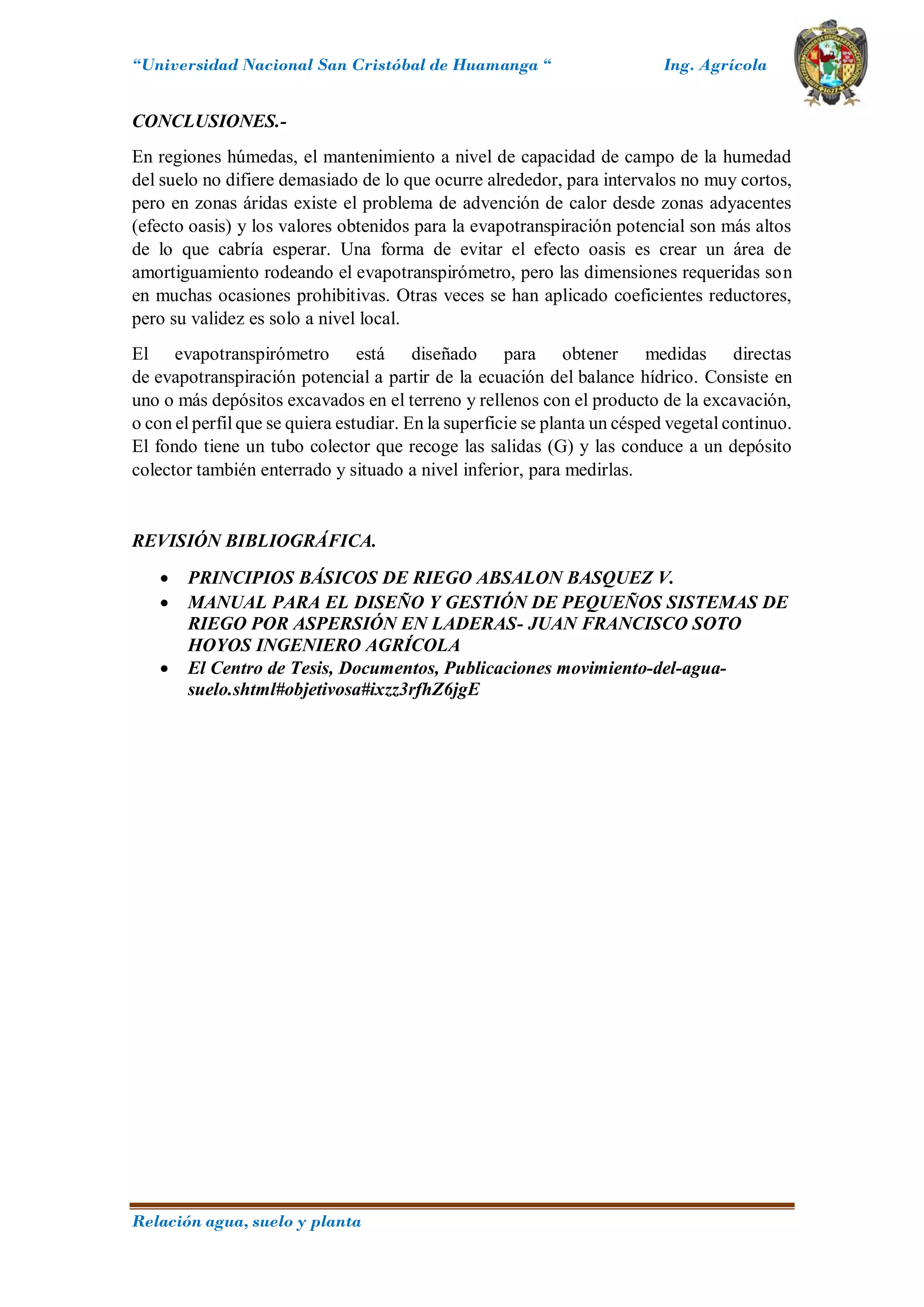 Determinación de la evapotranspiracion por método del lisimetro y ...