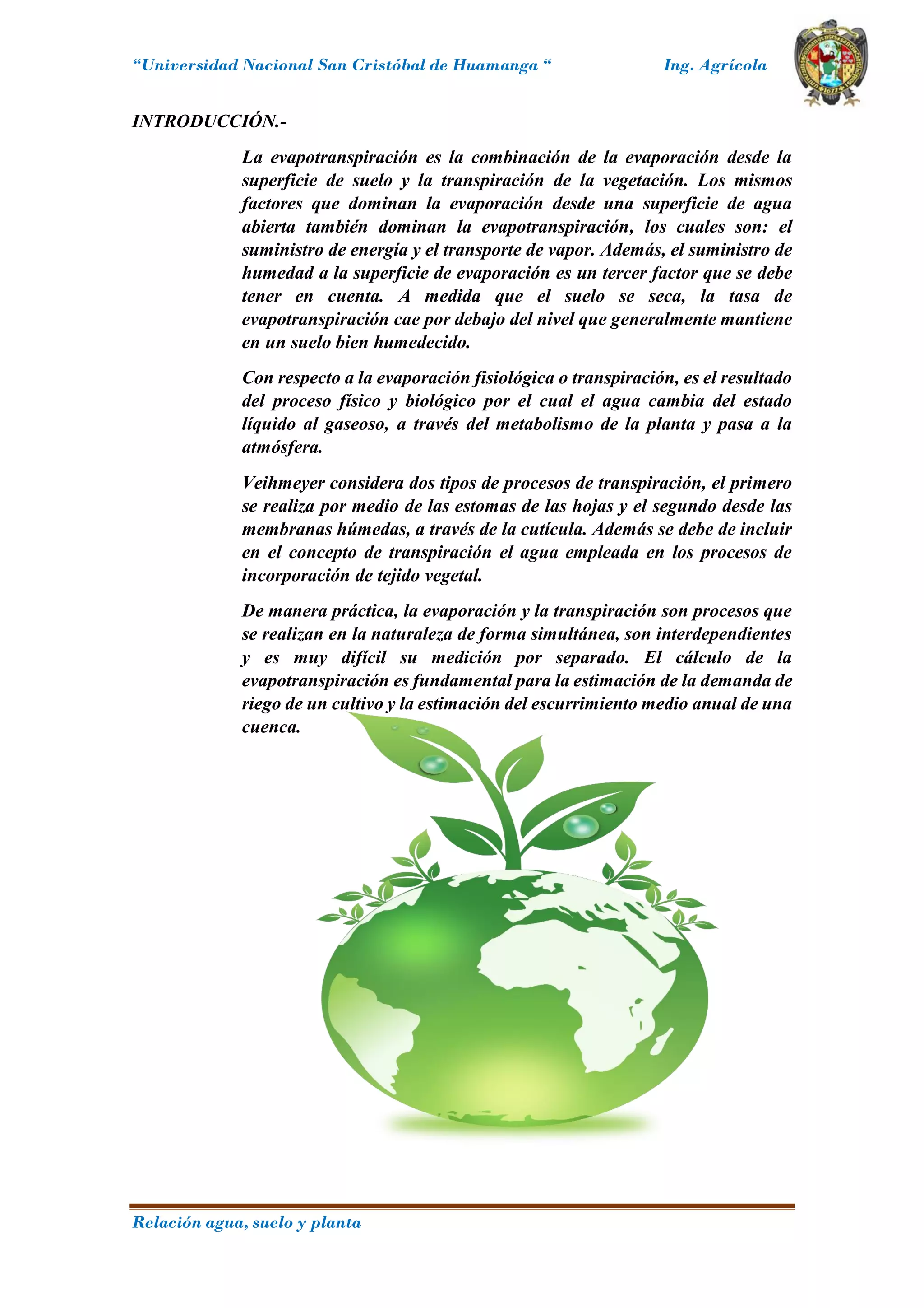 Determinación de la evapotranspiracion por método del lisimetro y ...