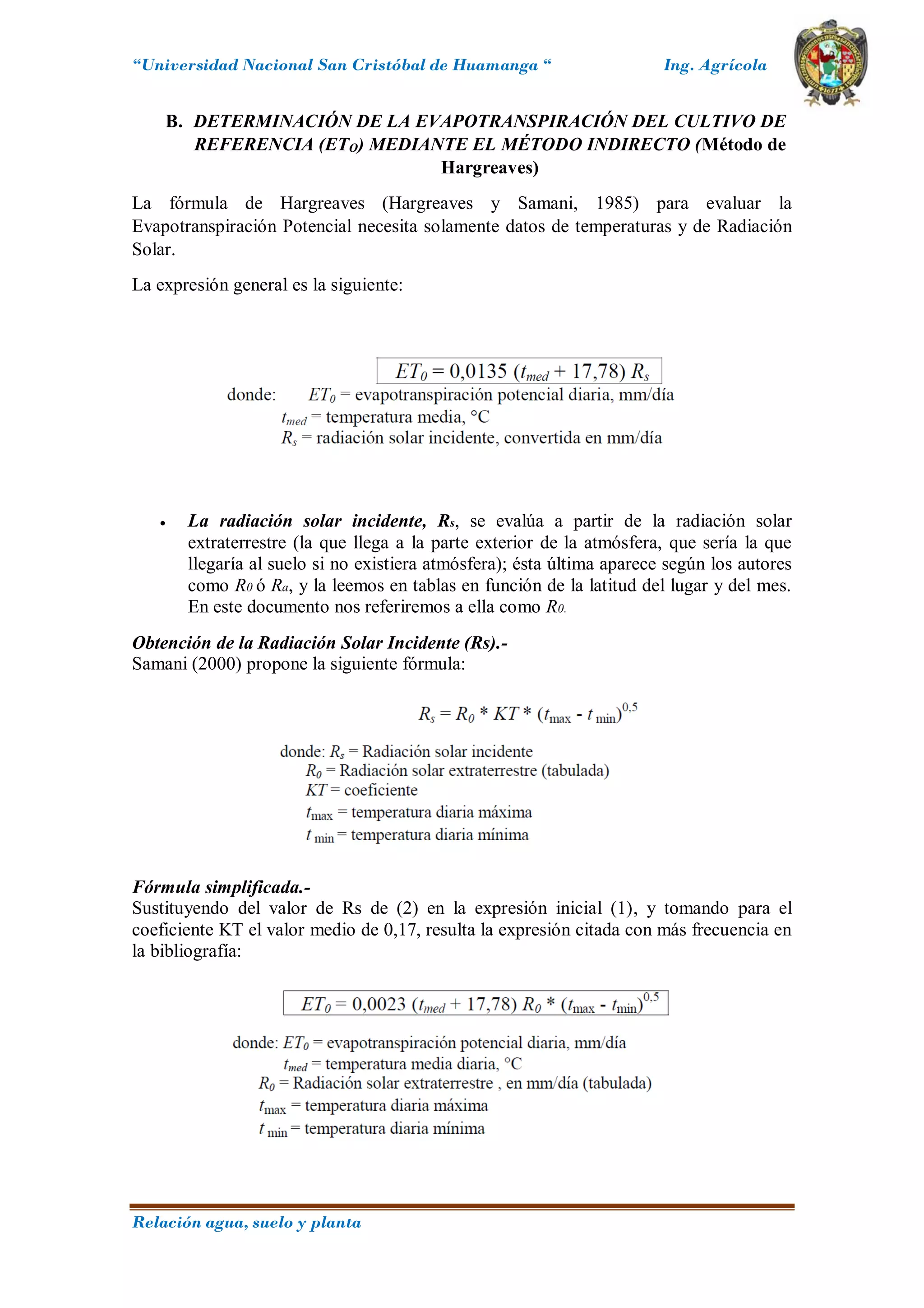 Determinación de la evapotranspiracion por método del lisimetro y ...