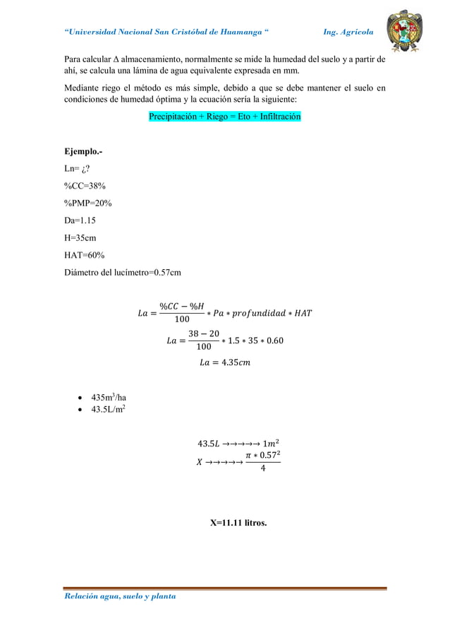 Determinación de la evapotranspiracion por método del lisimetro y ...