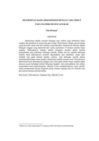 Determinan hasil dekomposisi dengan cara crout pada matriks bujur ...