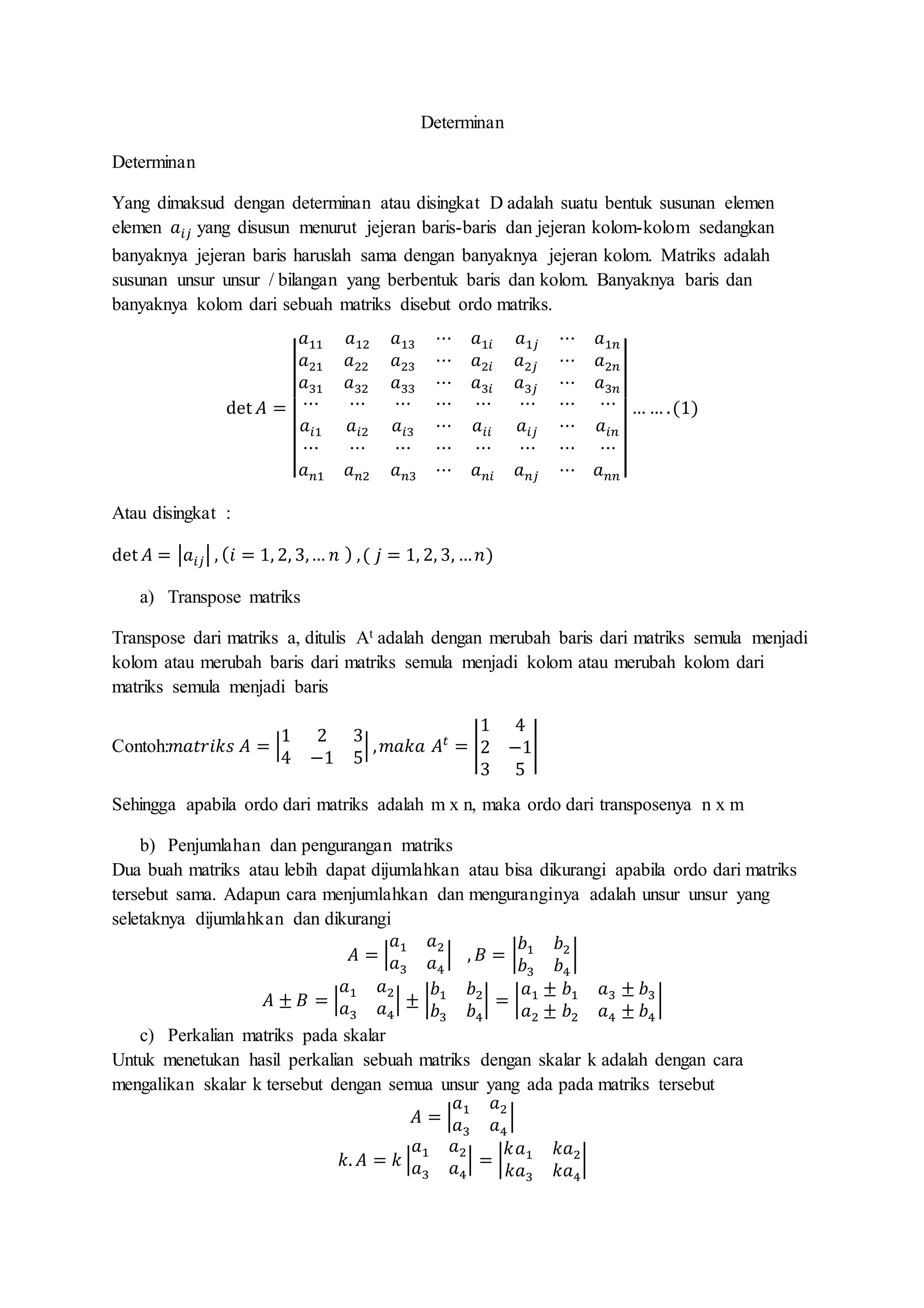 Determinan matriks derajat dua, tiga, empat dan lebih tinggi | PDF