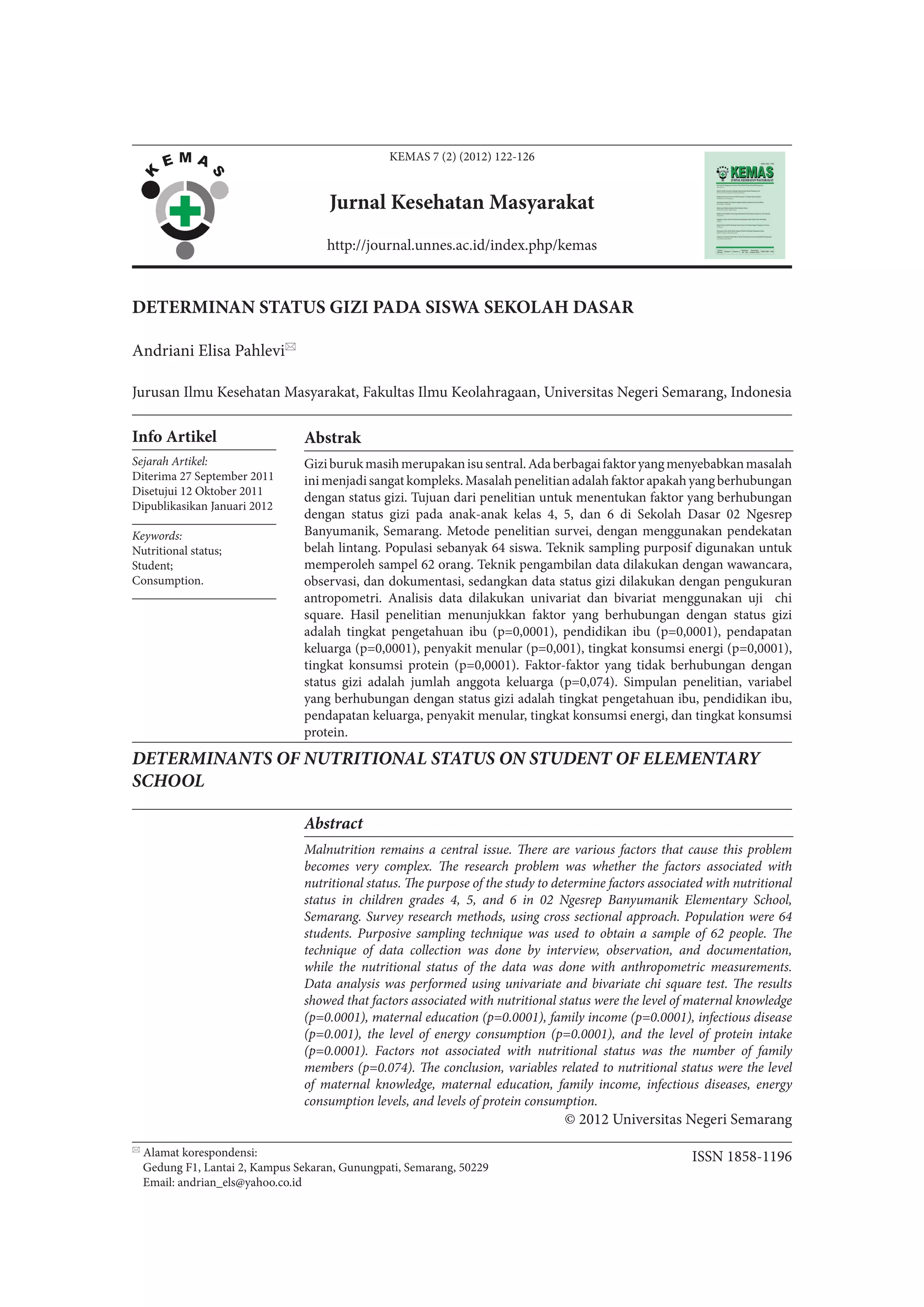 Determinan status gizi pada siswa sekolah dasar | PDF