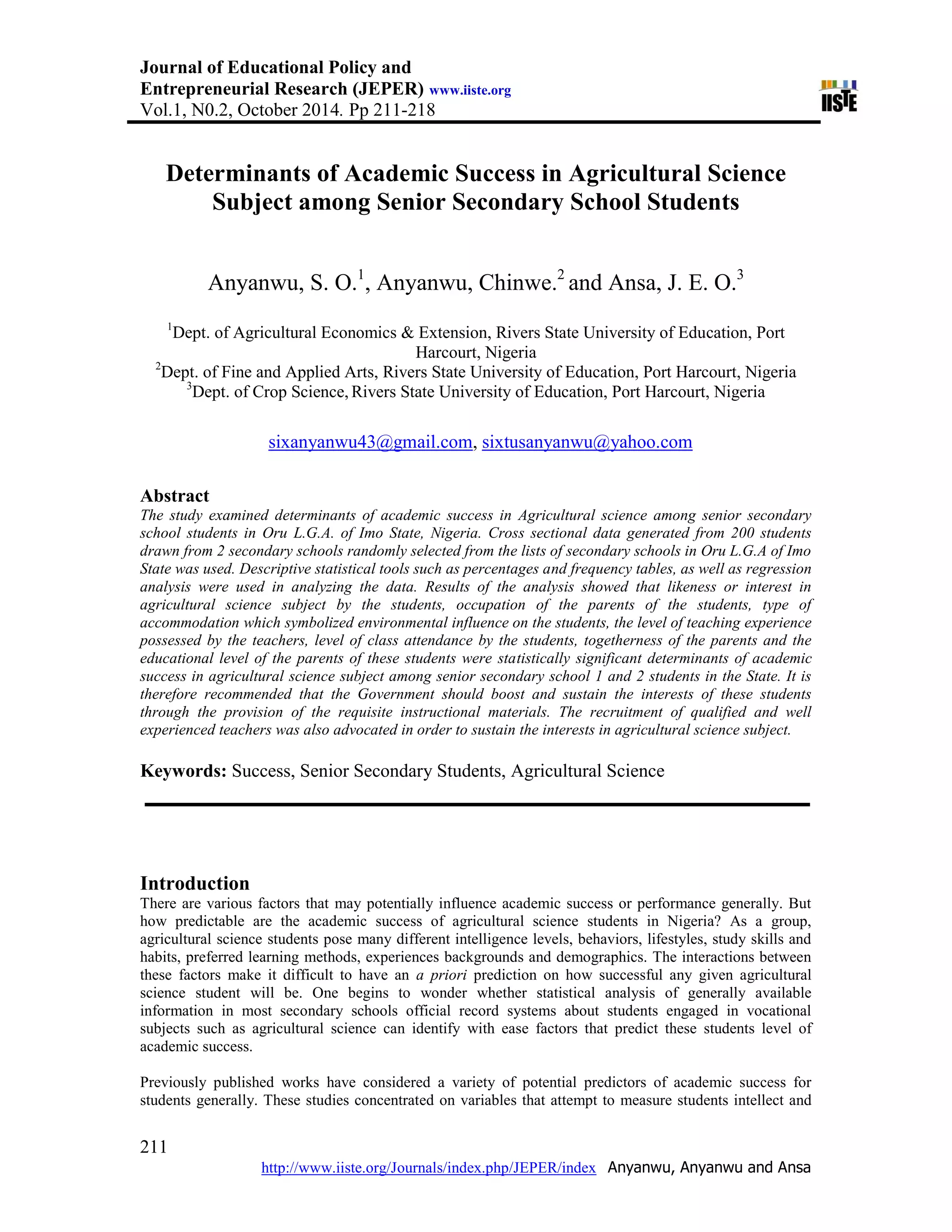 Determinants of academic success in agricultural science | PDF