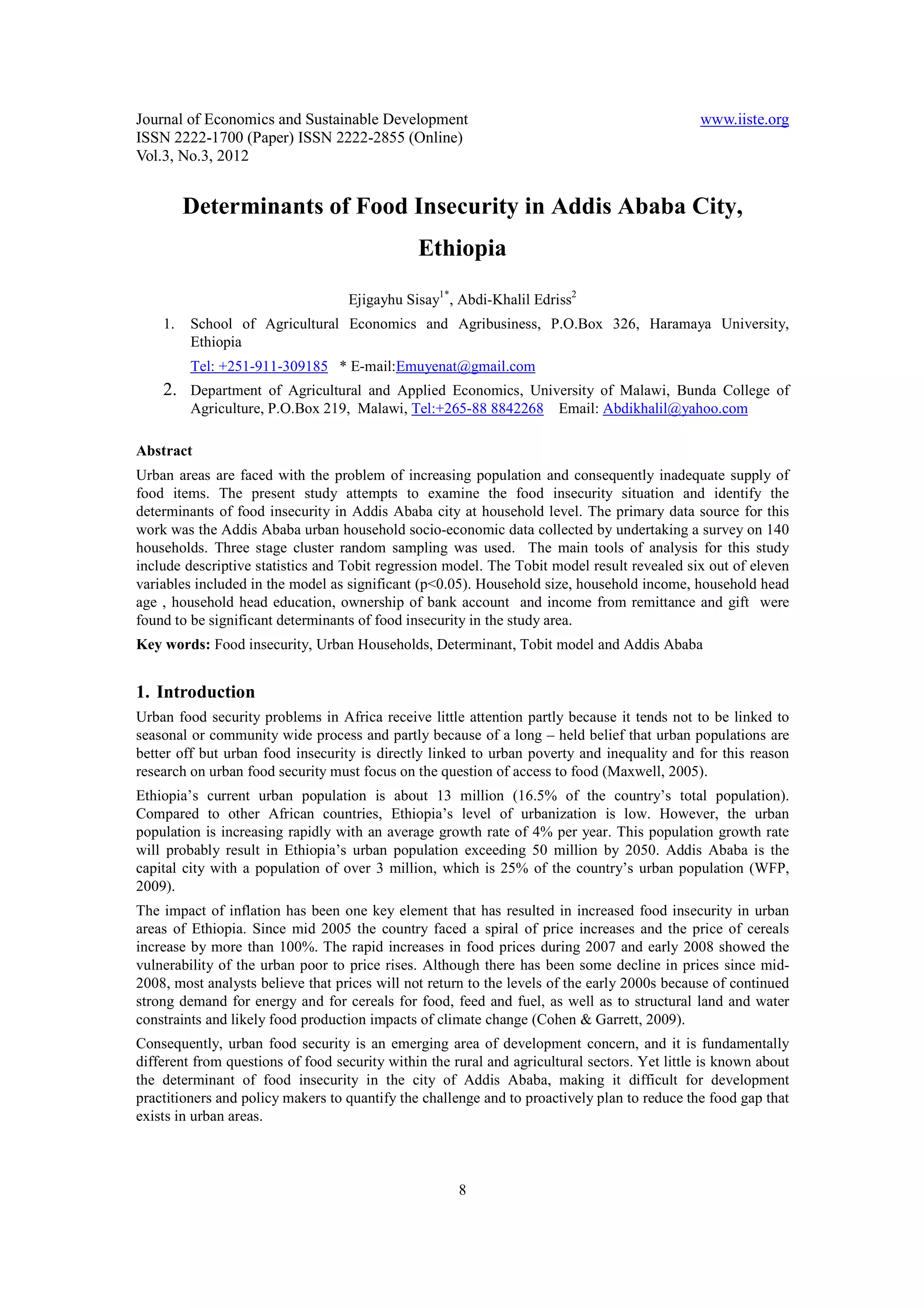 Determinants of food insecurity in addis ababa city, ethiopia | PDF