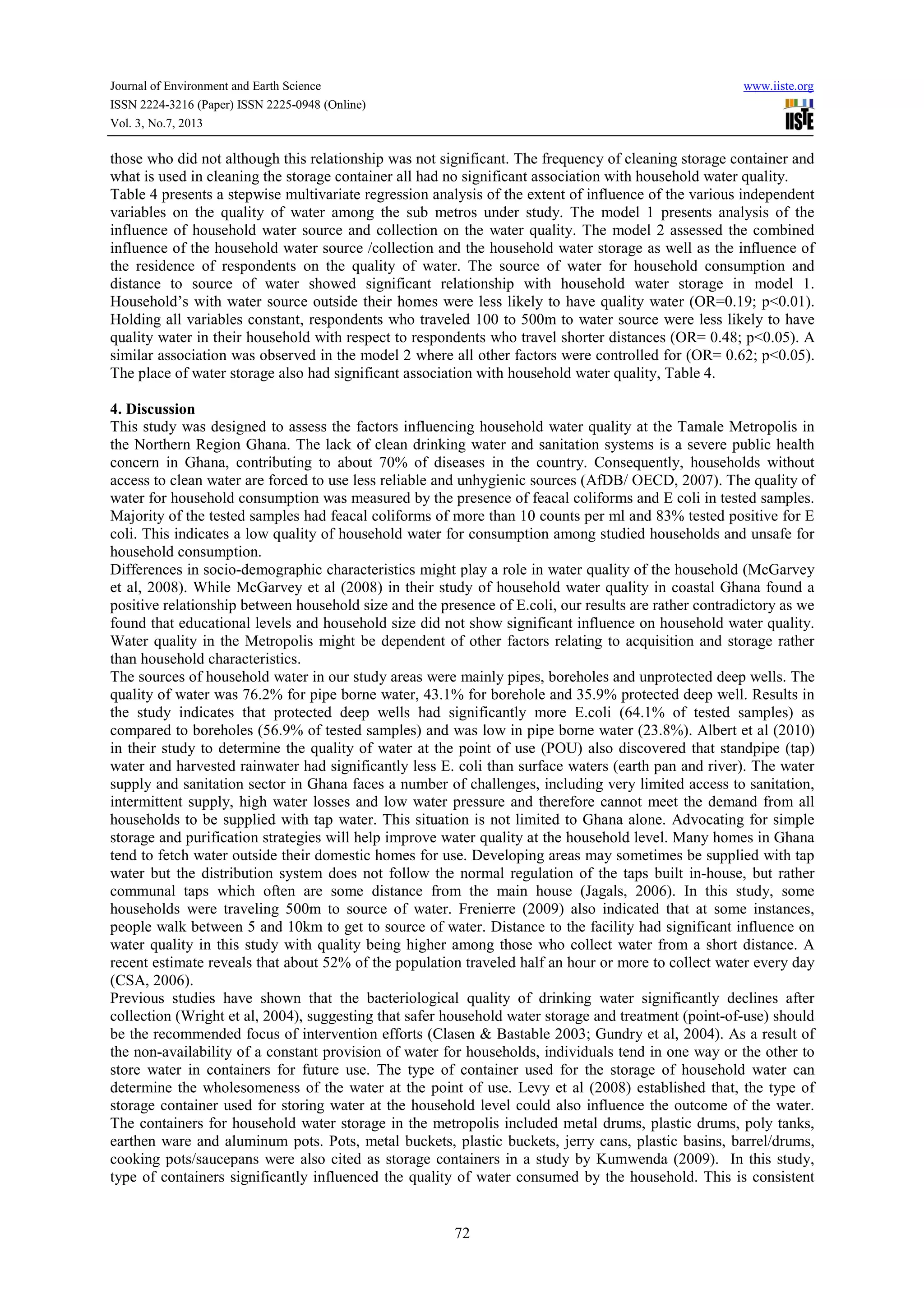 Determinants of household water quality in the tamale metropolis, ghana ...