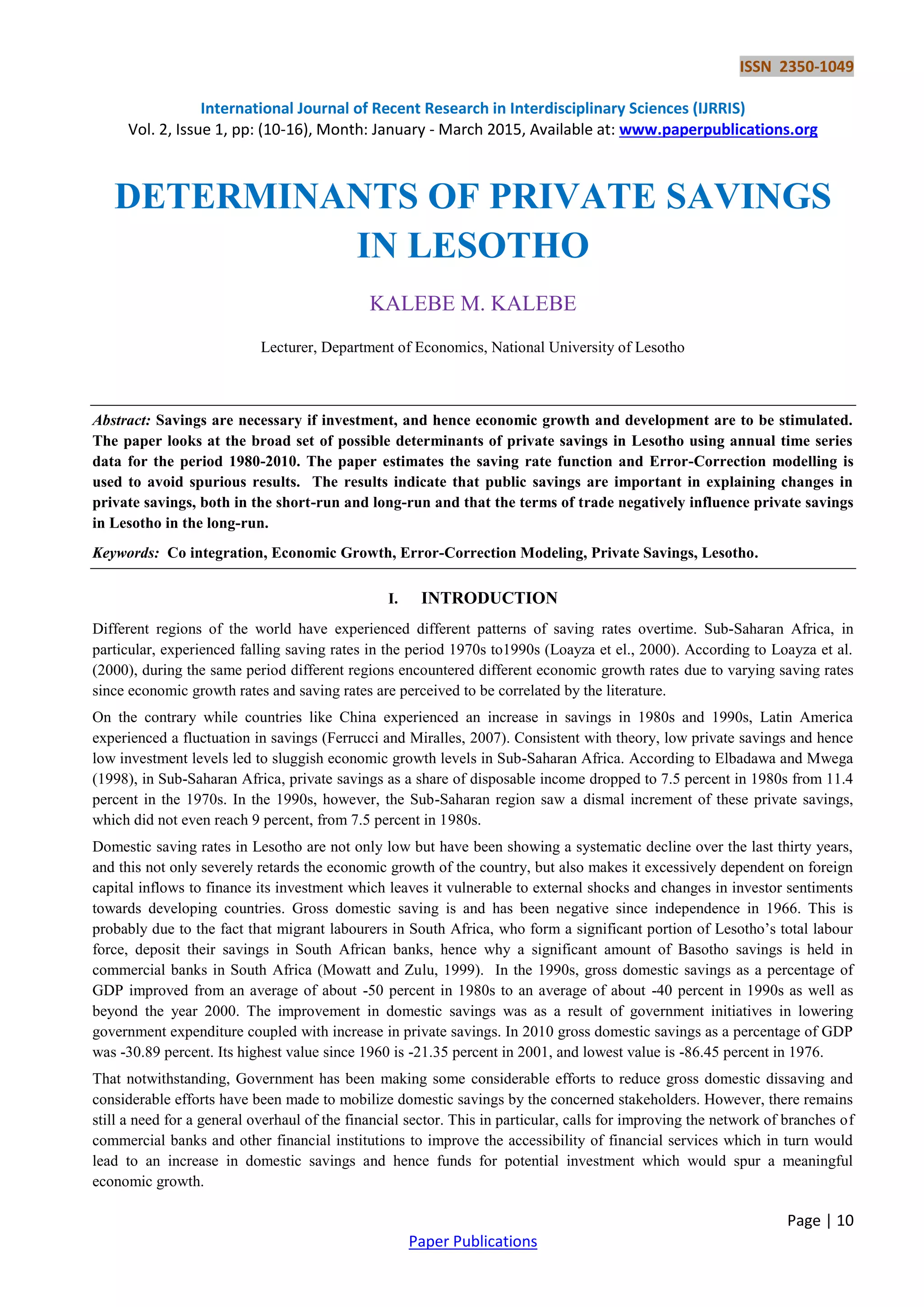 DETERMINANTS OF PRIVATE SAVINGS IN LESOTHO | PDF