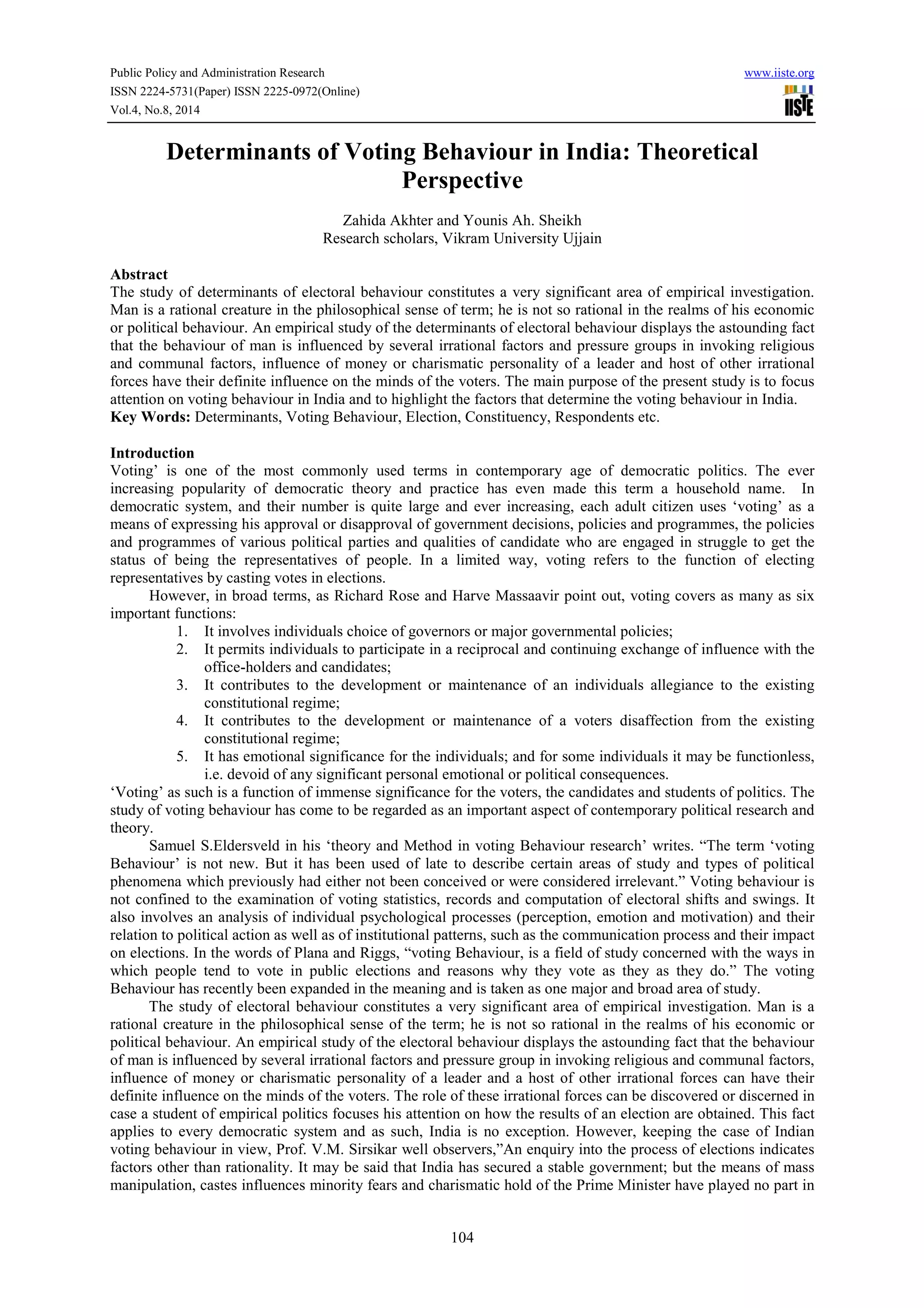 Determinants of voting behaviour in india | PDF