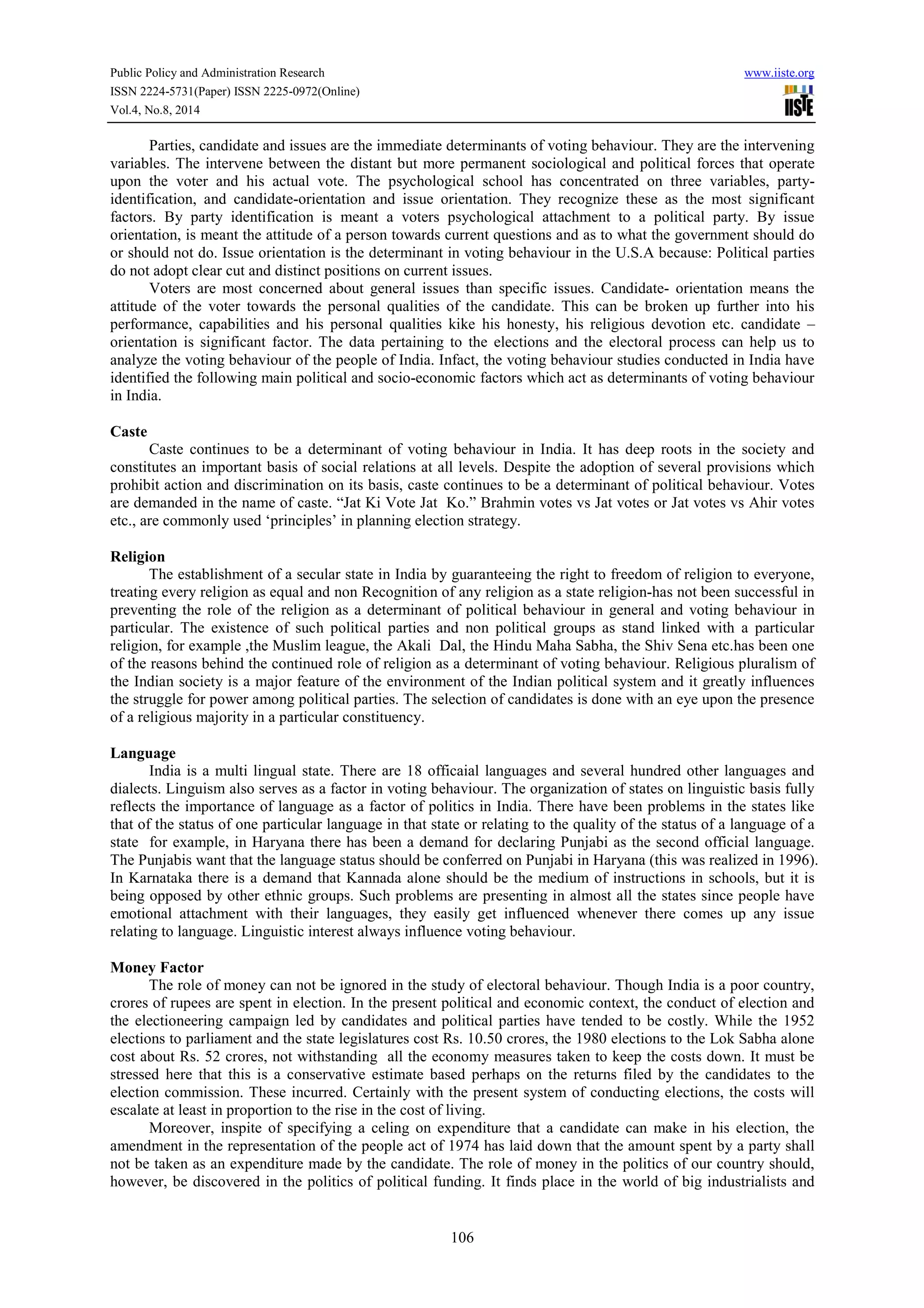 Determinants of voting behaviour in india | PDF