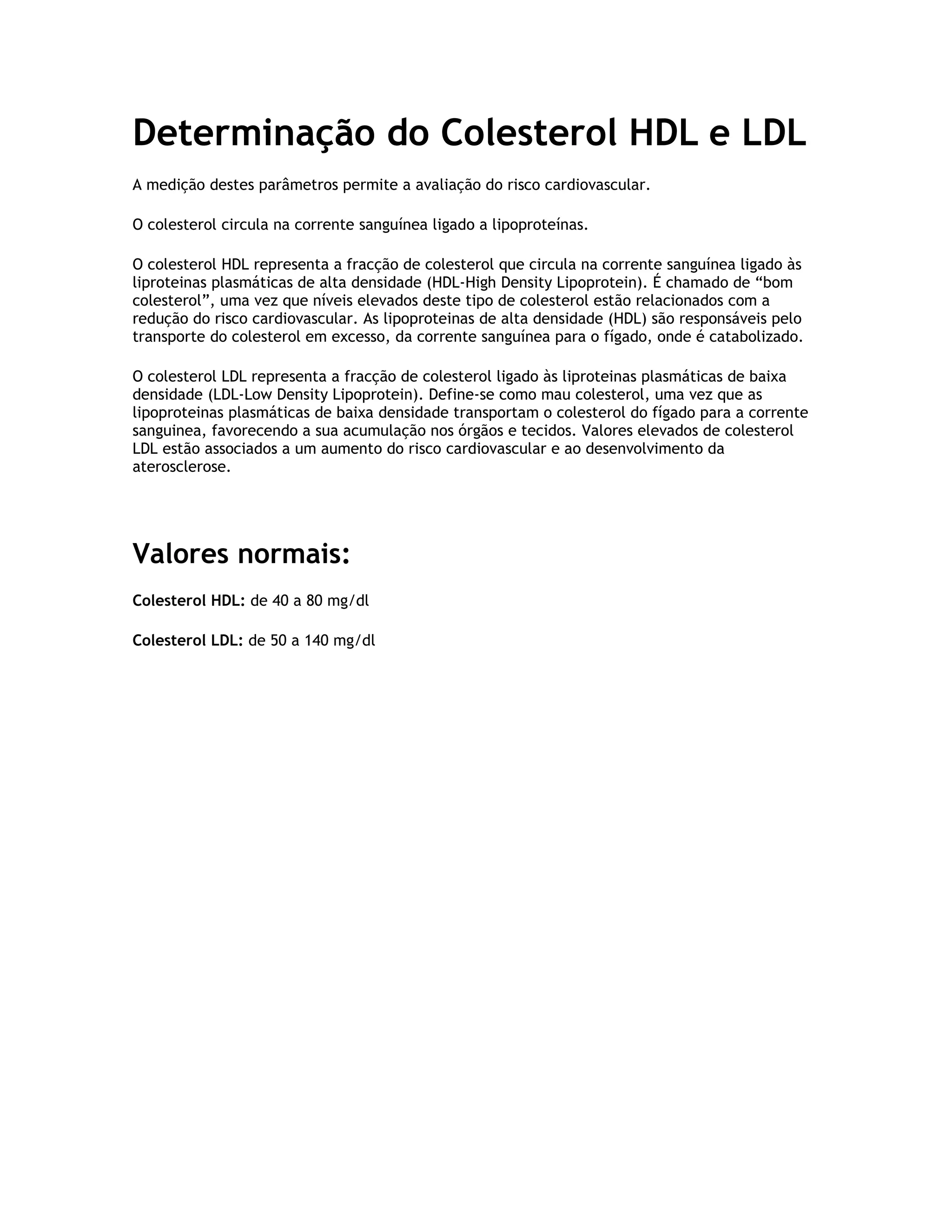 Determinação do colesterol hdl e ldl | DOC