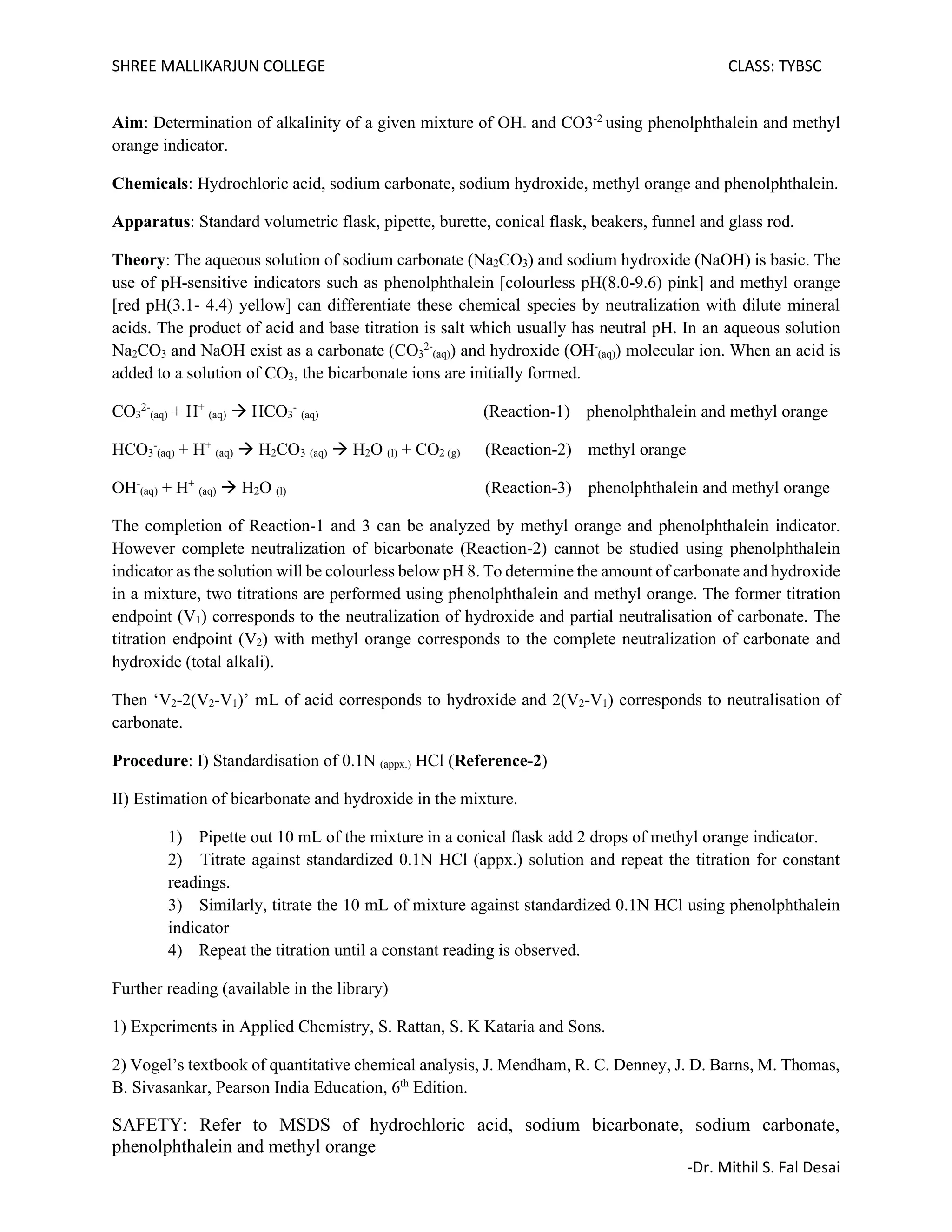 Determination of alkalinity of a given mixture of hydroxide and carbonate | PDF