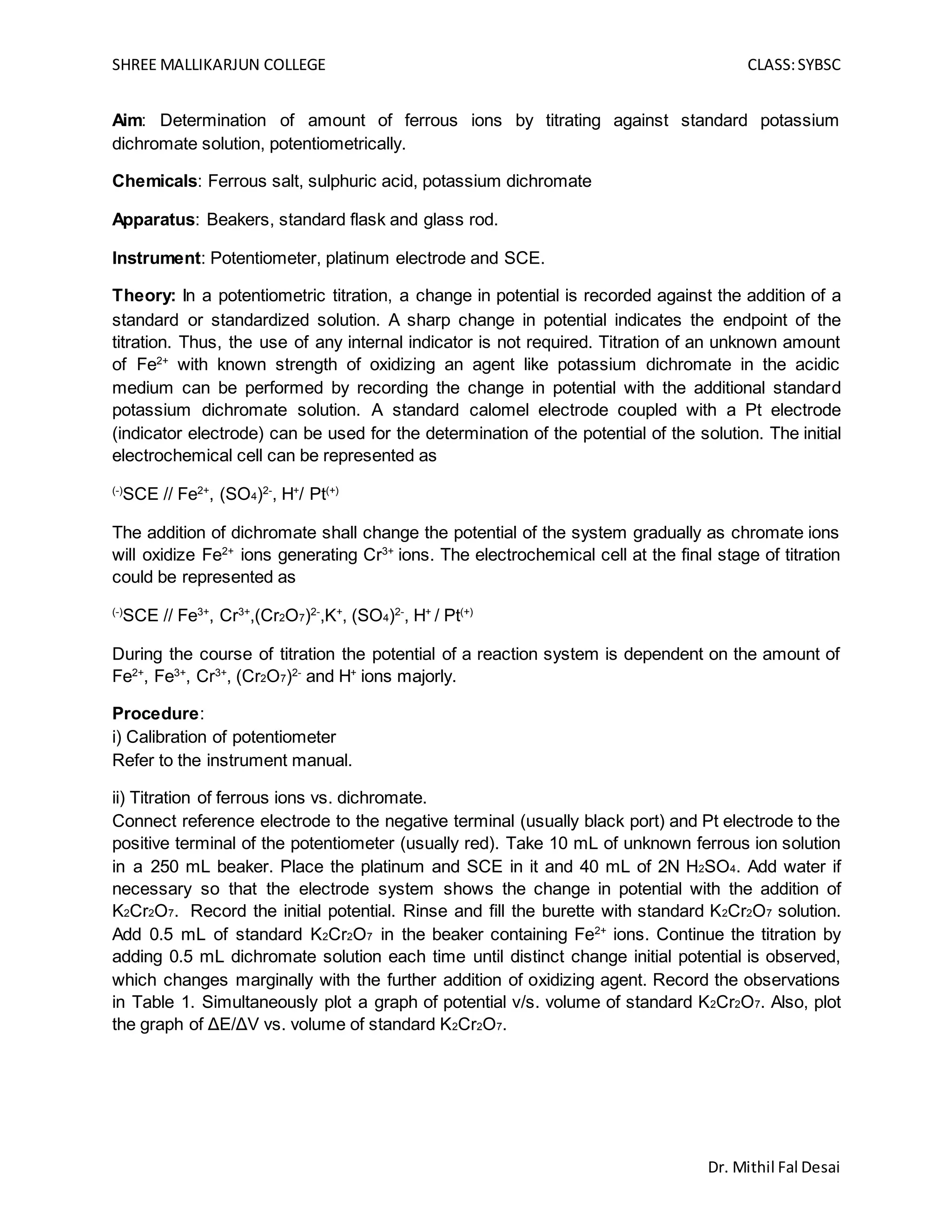 Determination of amount of ferrous ions by titrating against standard ...