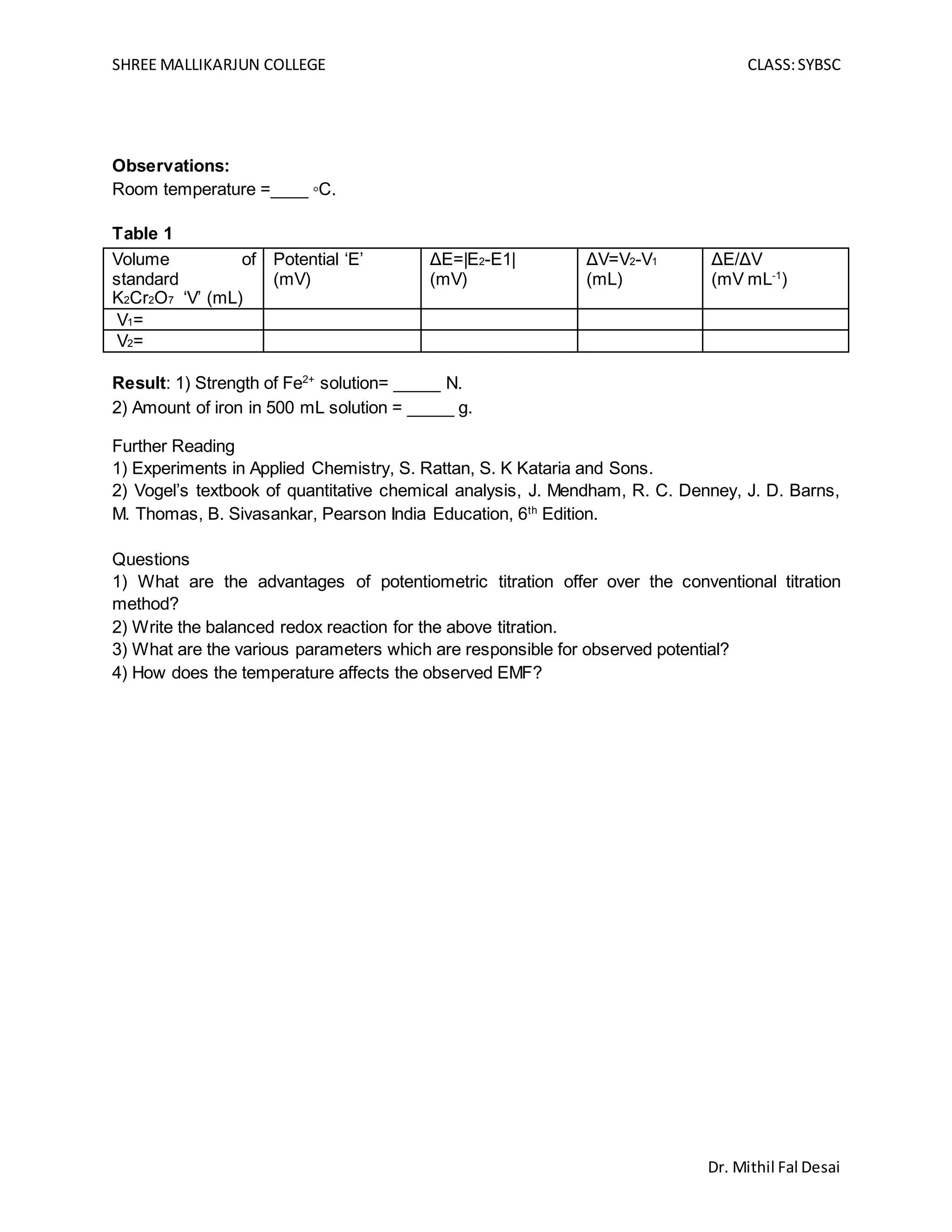 Determination of amount of ferrous ions by titrating against standard ...