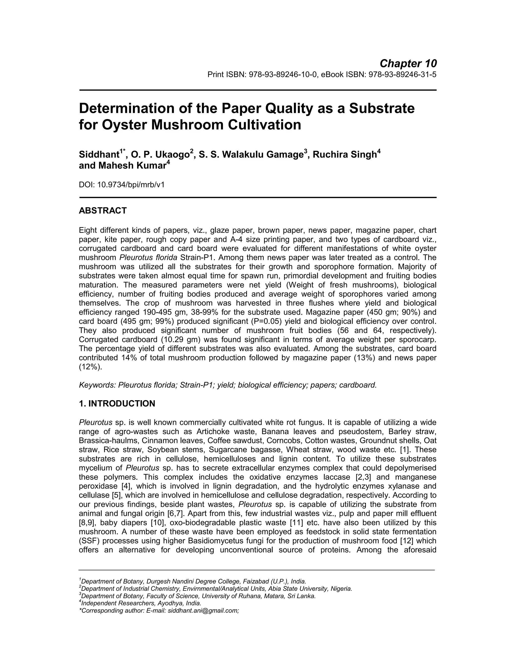 Determination of the Paper Quality as a Substrate for Oyster Mushroom ...