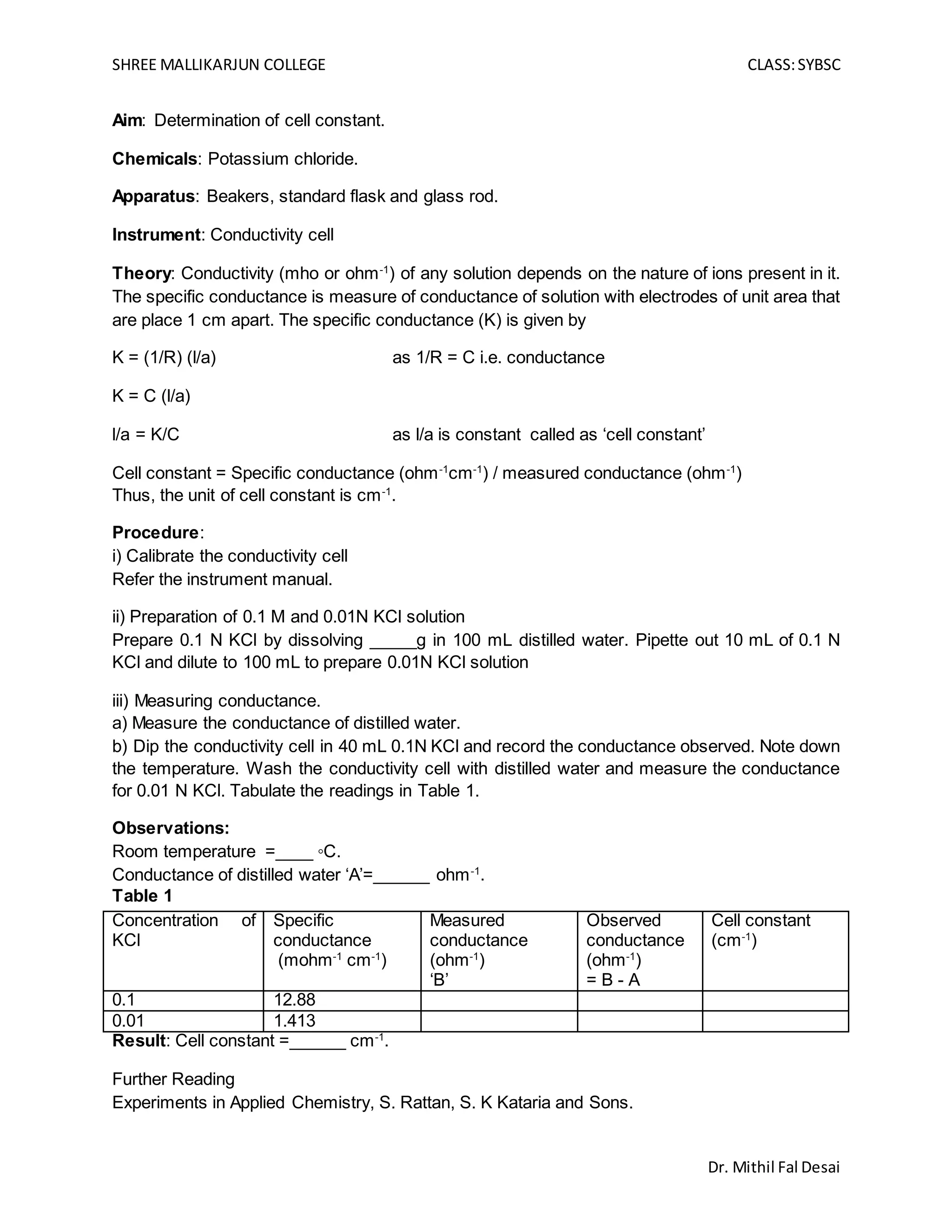 Determination of cell constant | DOCX