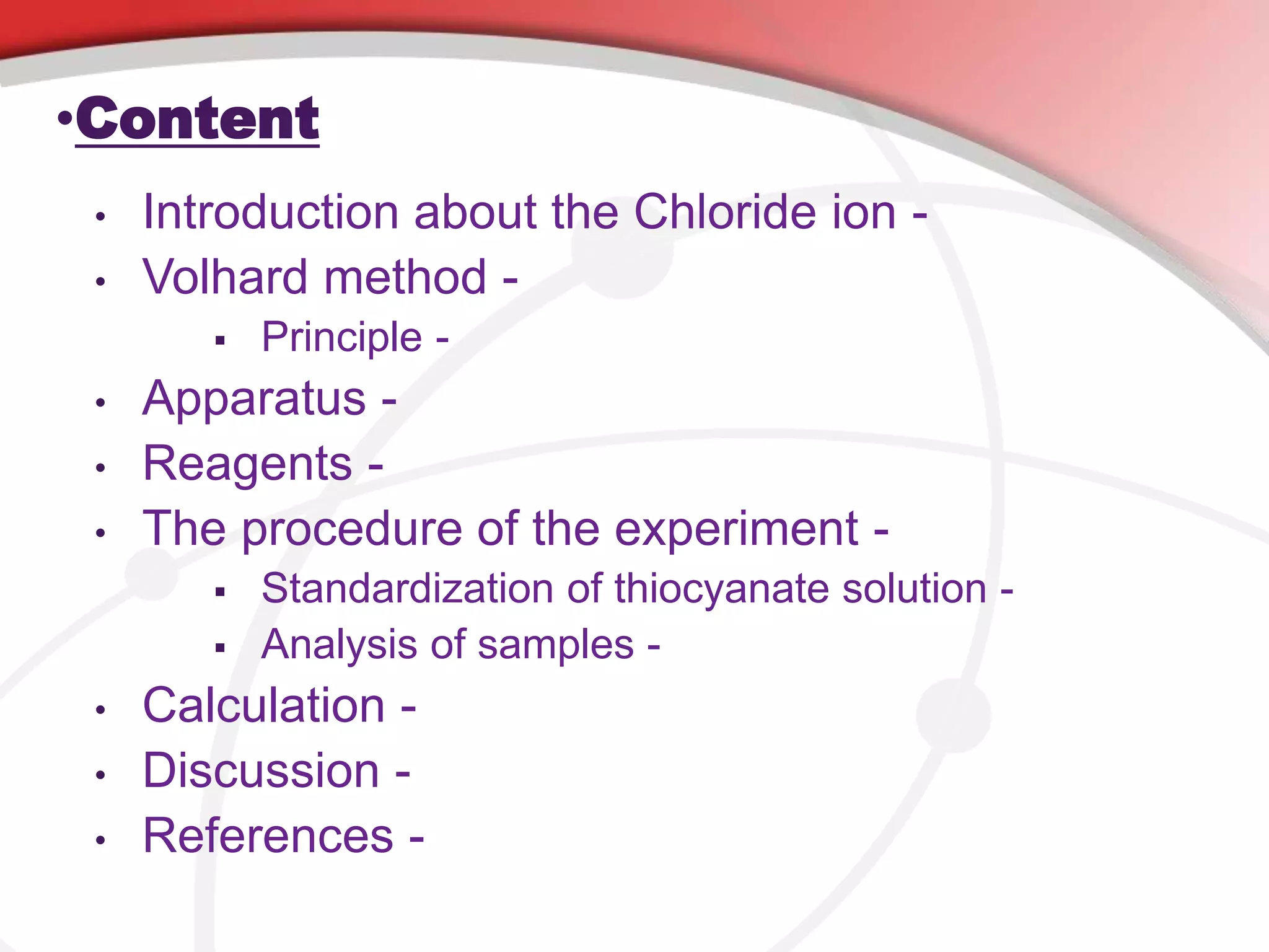 Determination of chloride content in water by Volhard method | PPTX
