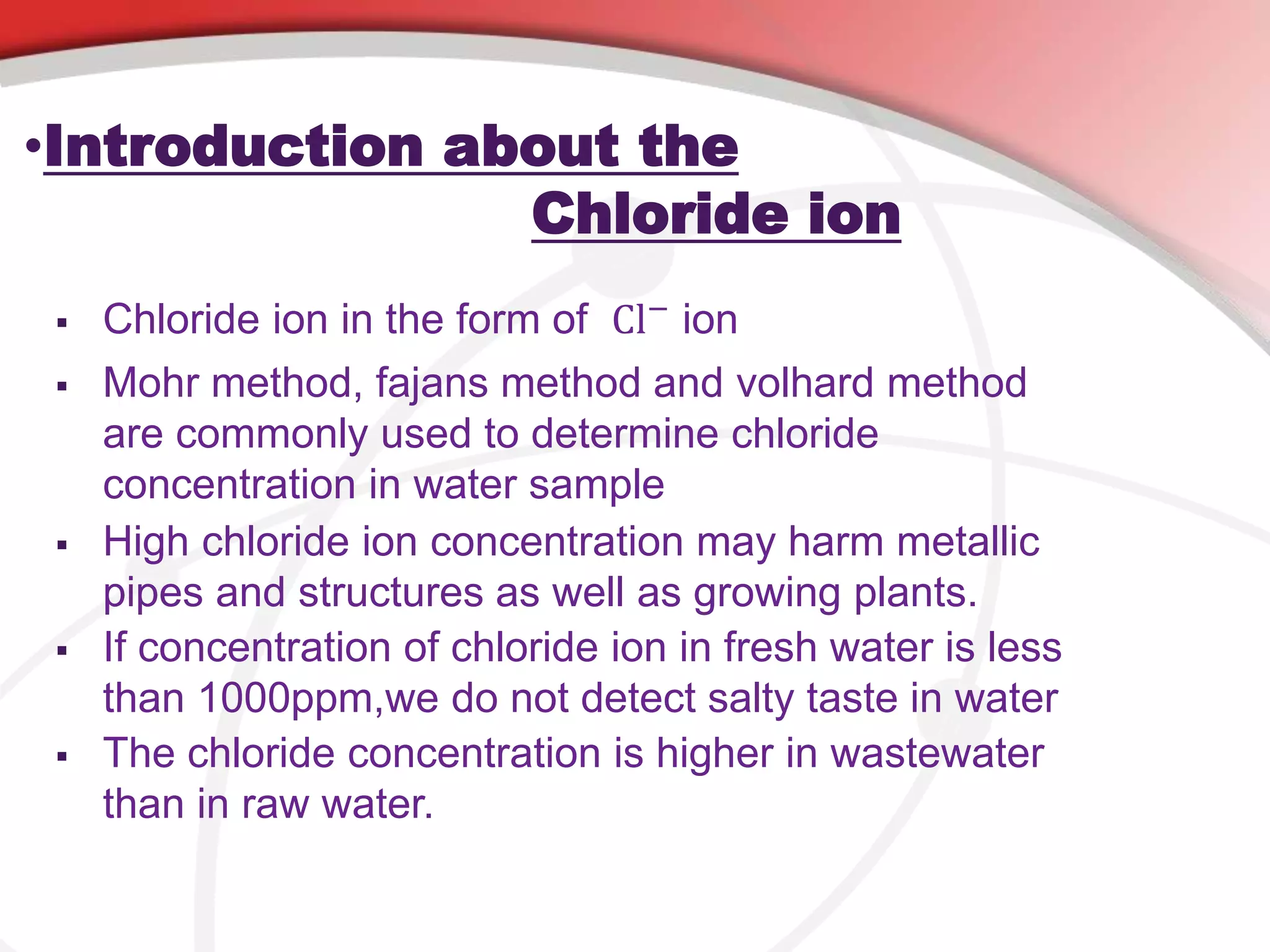 Determination of chloride content in water by Volhard method | PPTX