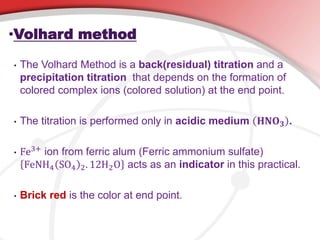 Determination of chloride content in water by Volhard method | PPTX