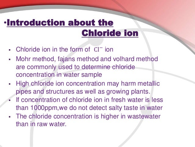 Determination of chloride content in water by Volhard method