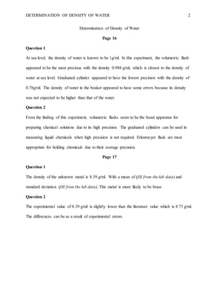 Determination of density of water i | DOCX