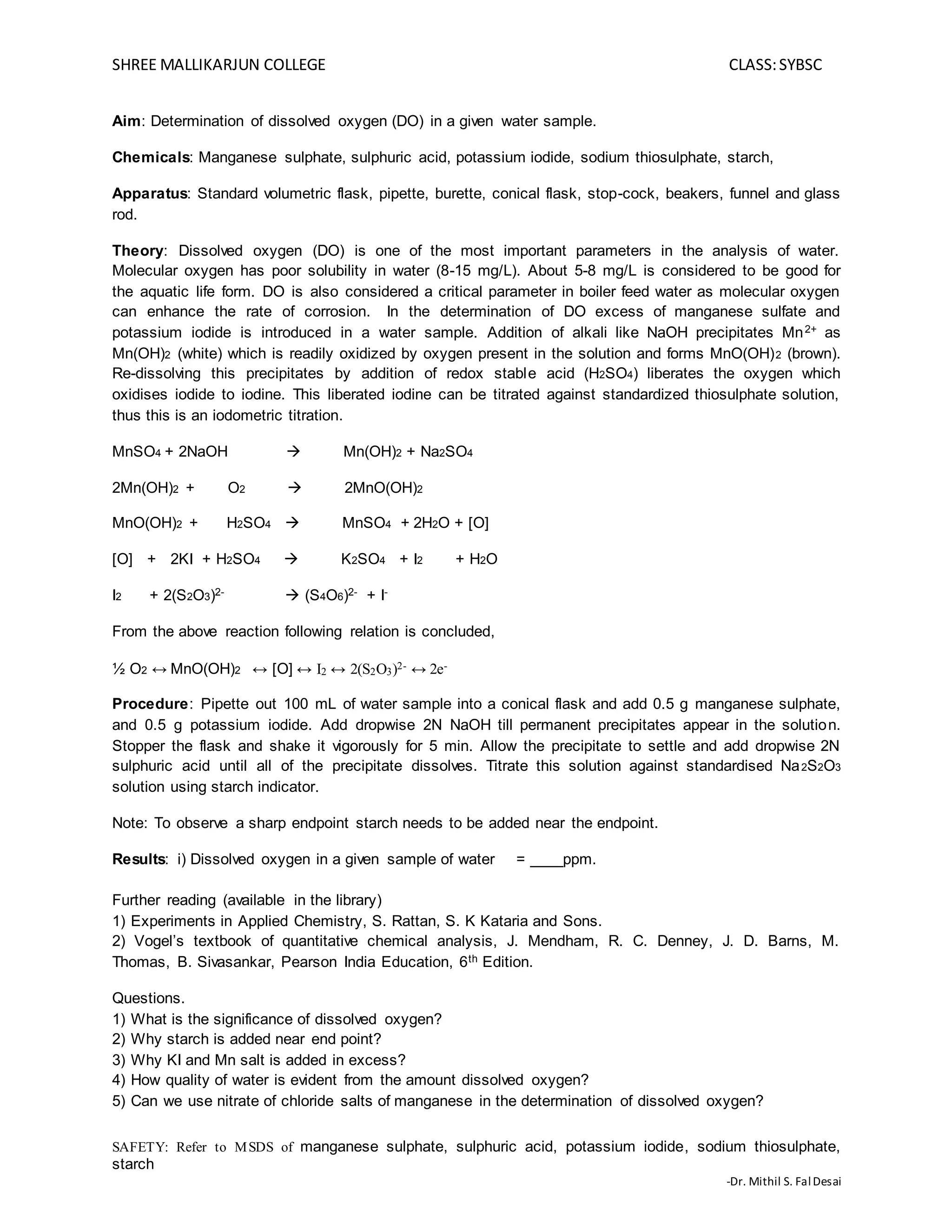 Determination of dissolved oxygen (do) in a given water sample | DOCX