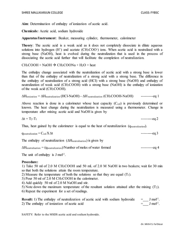 Determination of enthalpy of ionisation of acetic acid | DOCX