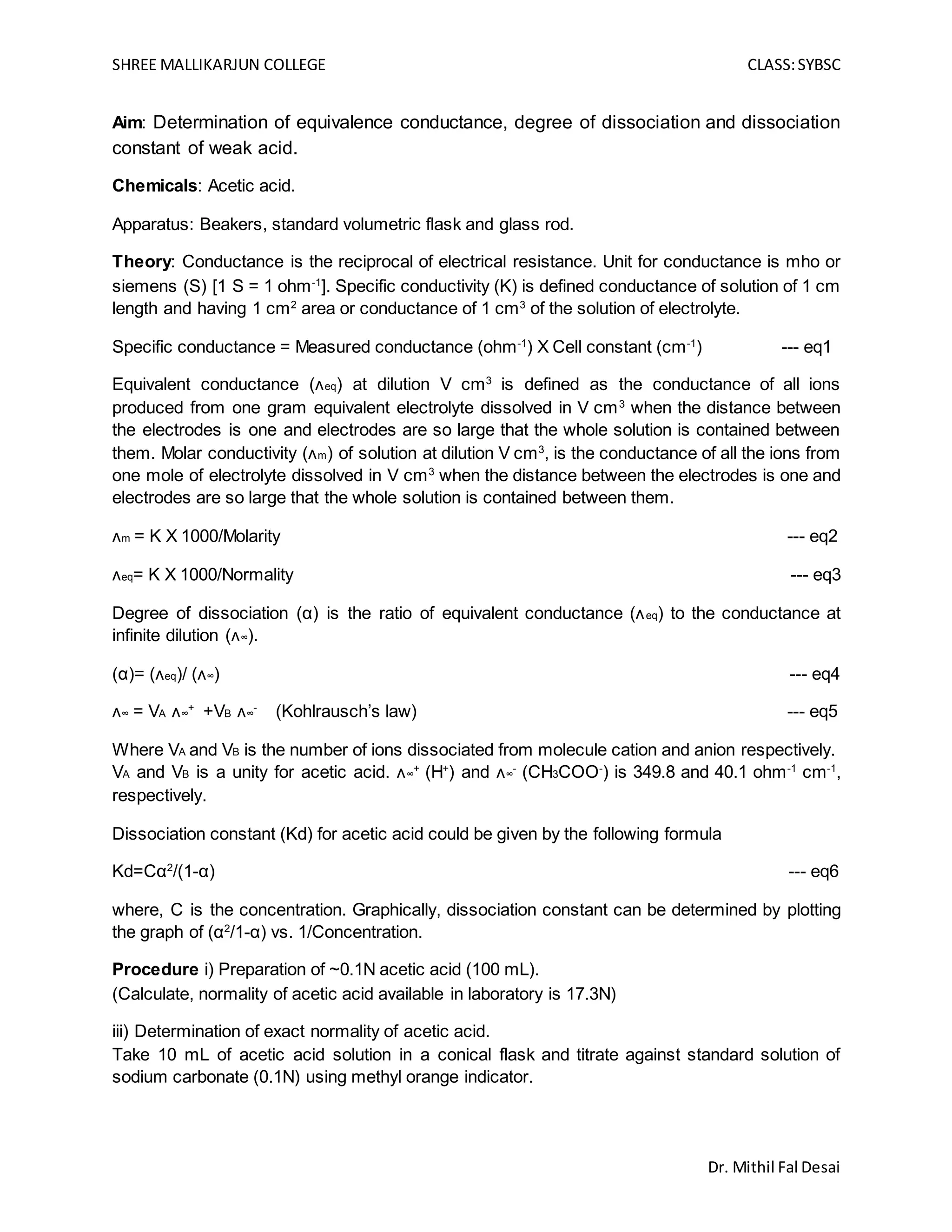 Determination Of Equivalence Conductance Degree Of Dissociation And