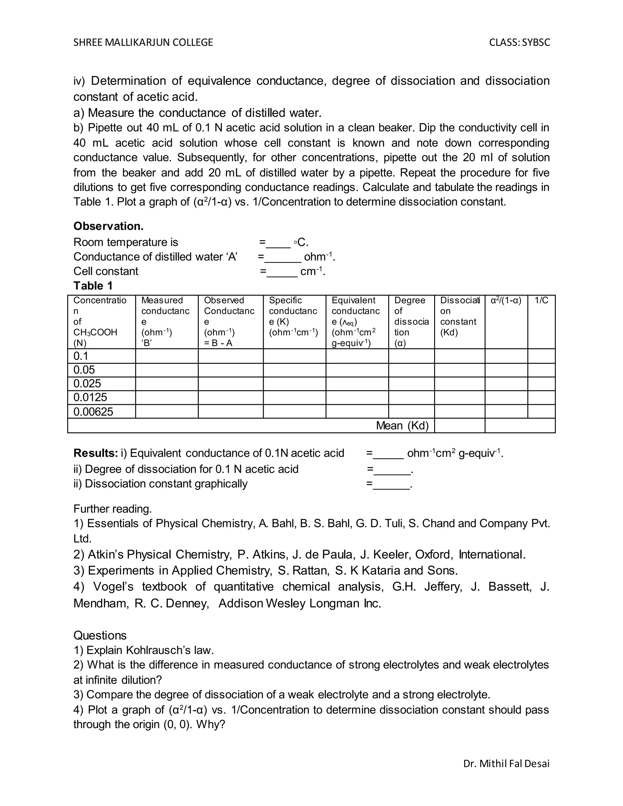 Determination Of Equivalence Conductance Degree Of Dissociation And