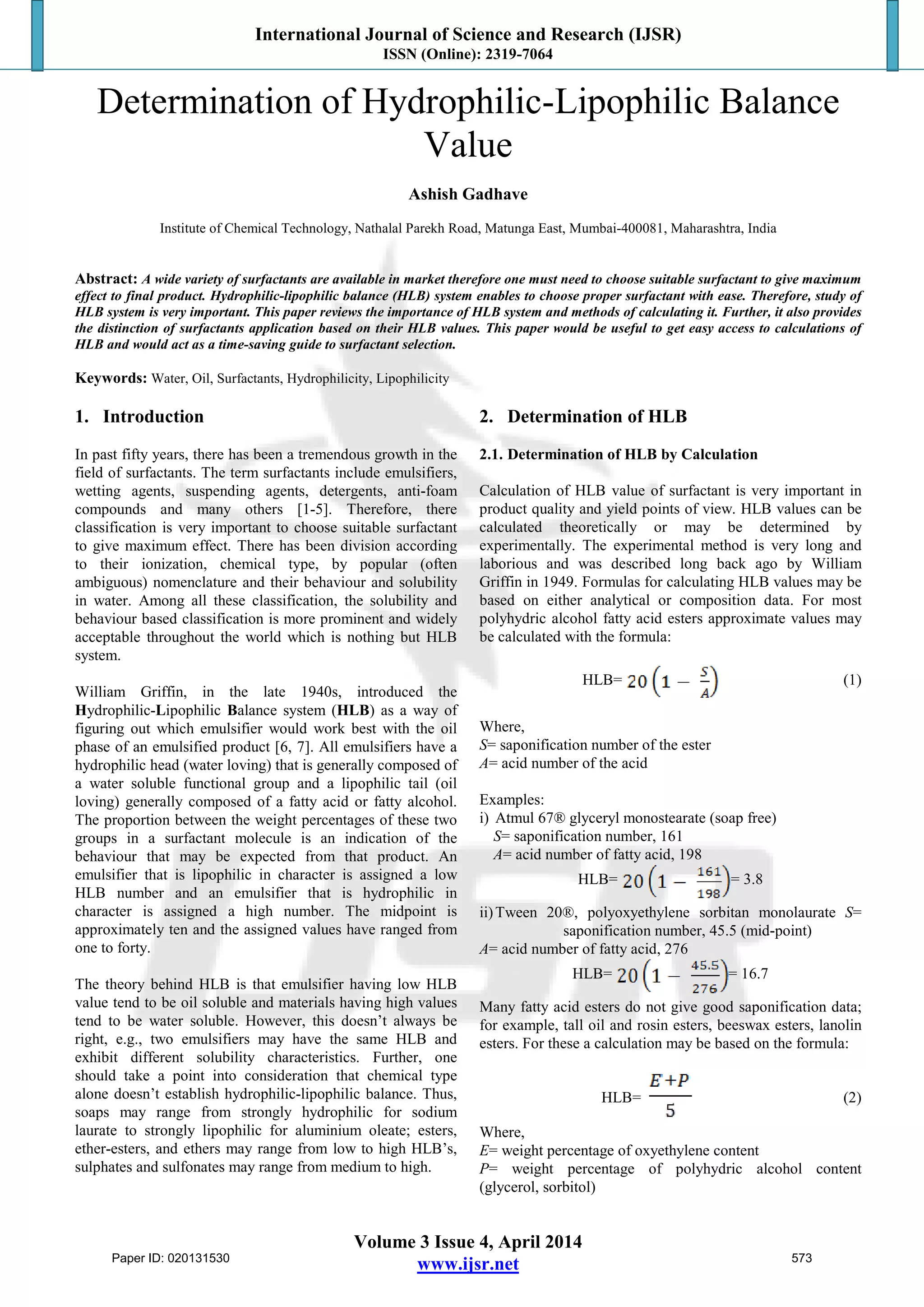 Determination of hydrophilic lipophilic balance value | PDF