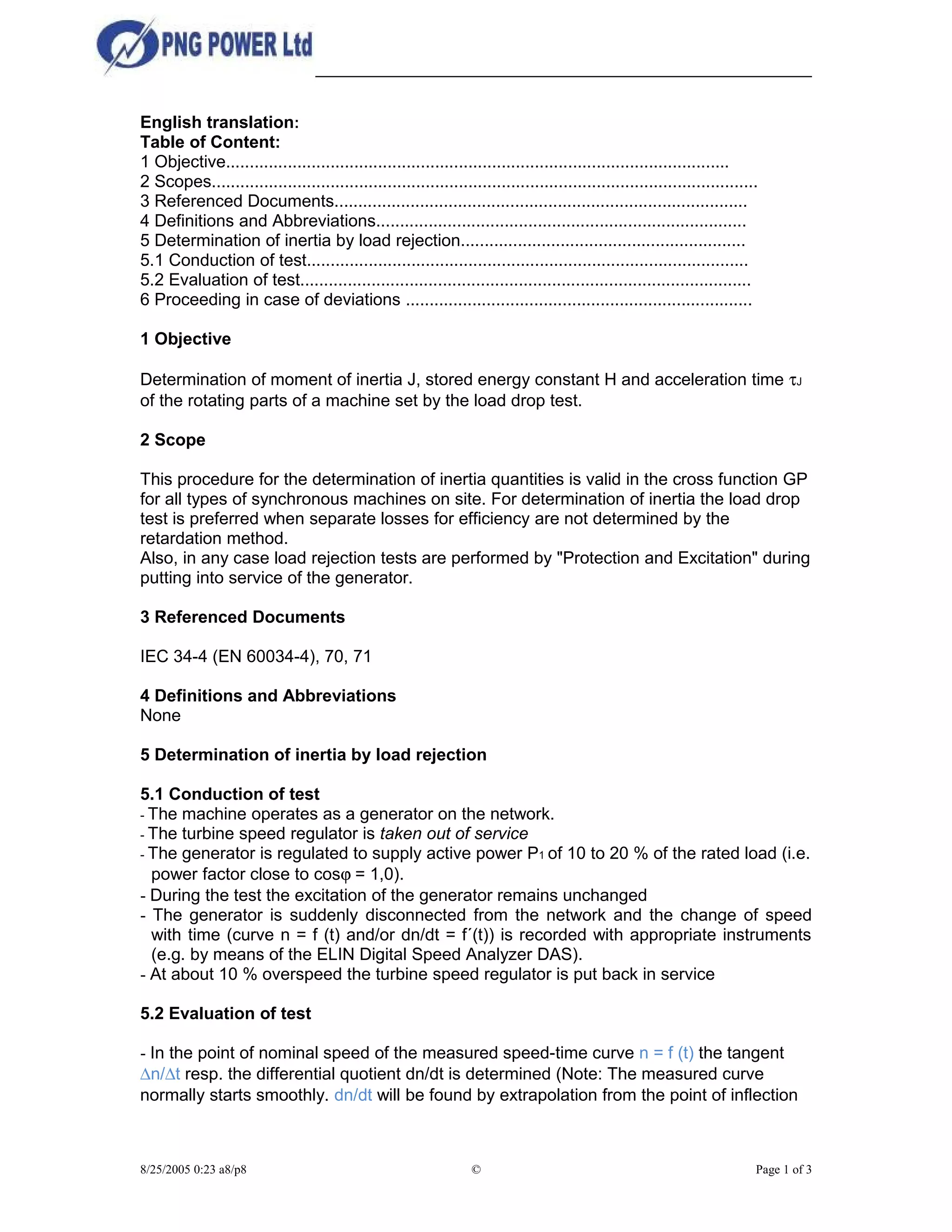 Determination of inertia by load rejection | DOC