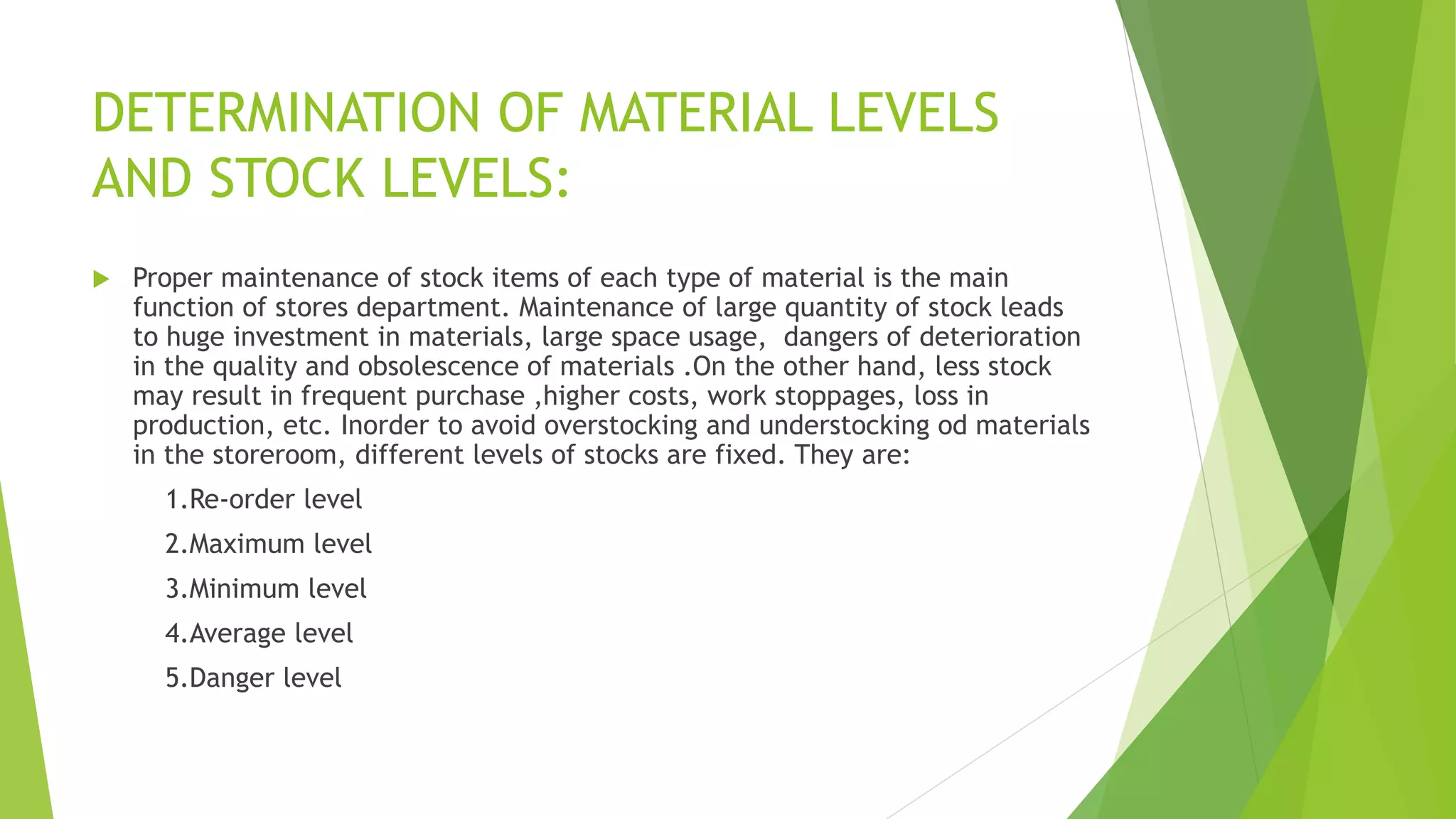 Determination of material levels and stock levels | PDF