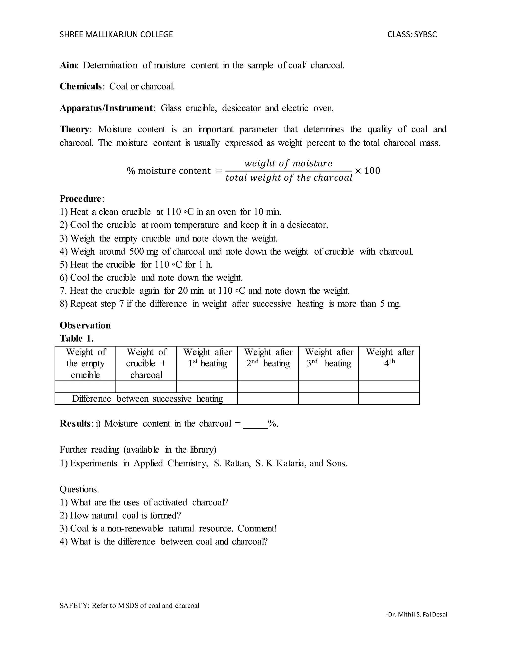 Determination of moisture content in the sample of charcoal | DOCX