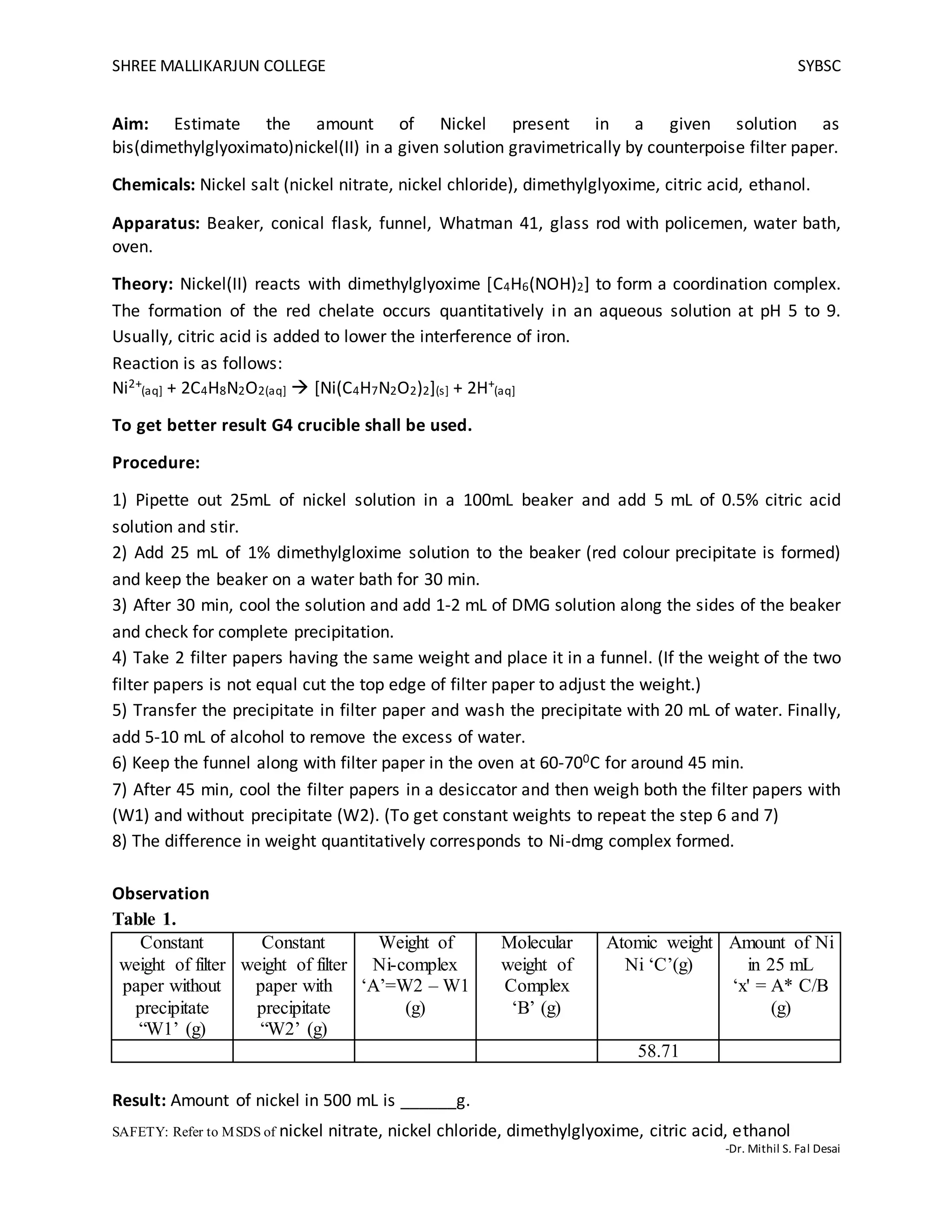 Determination of ni dmg | DOCX | Chemistry | Science