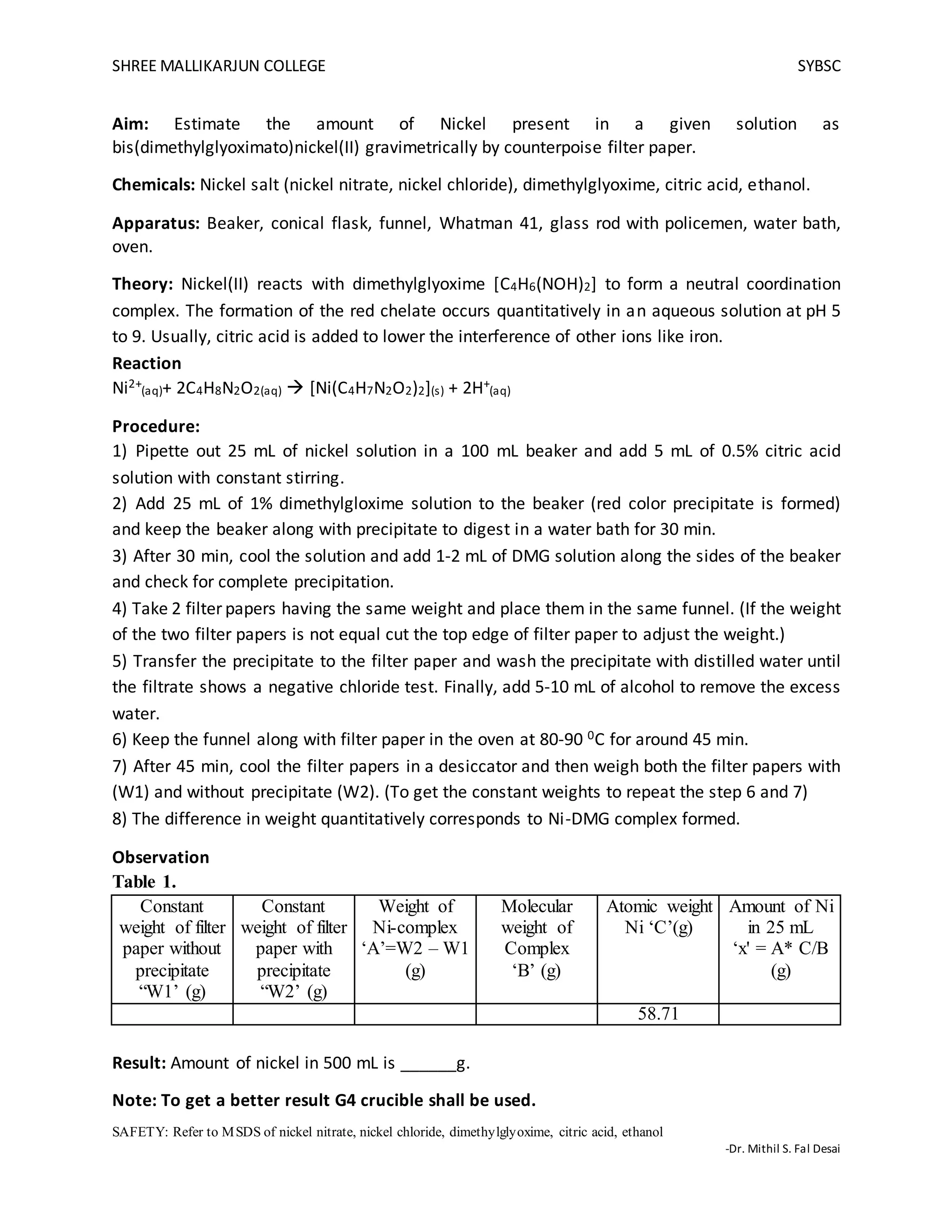 Aim: Estimate the amount of Nickel present in a given solution as bis ...