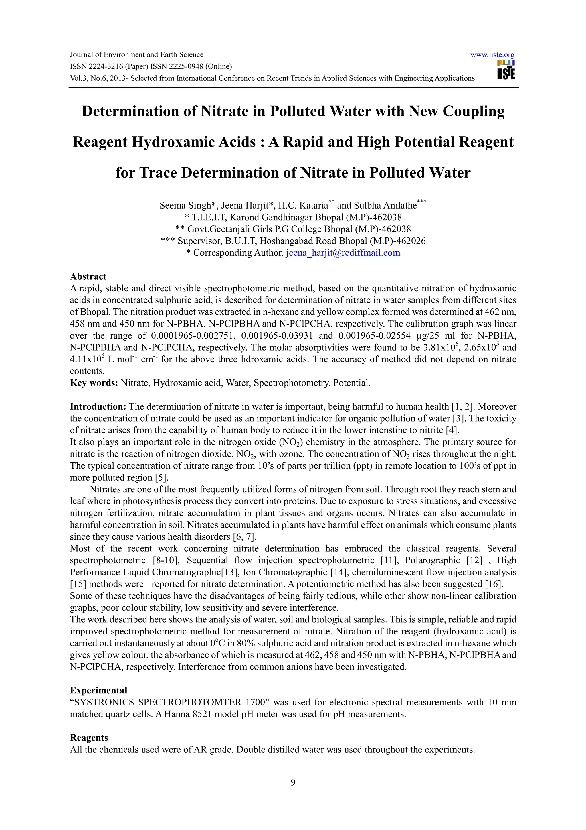Determination Of Nitrate In Polluted Water With New Coupling Reagent Hydroxamic Acids, A Rapid