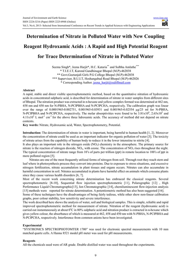 Determination Of Nitrate In Polluted Water With New Coupling Reagent Hydroxamic Acids， A Rapid
