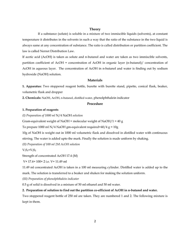 Determination of partition coefficient of acetic acid between water and ...