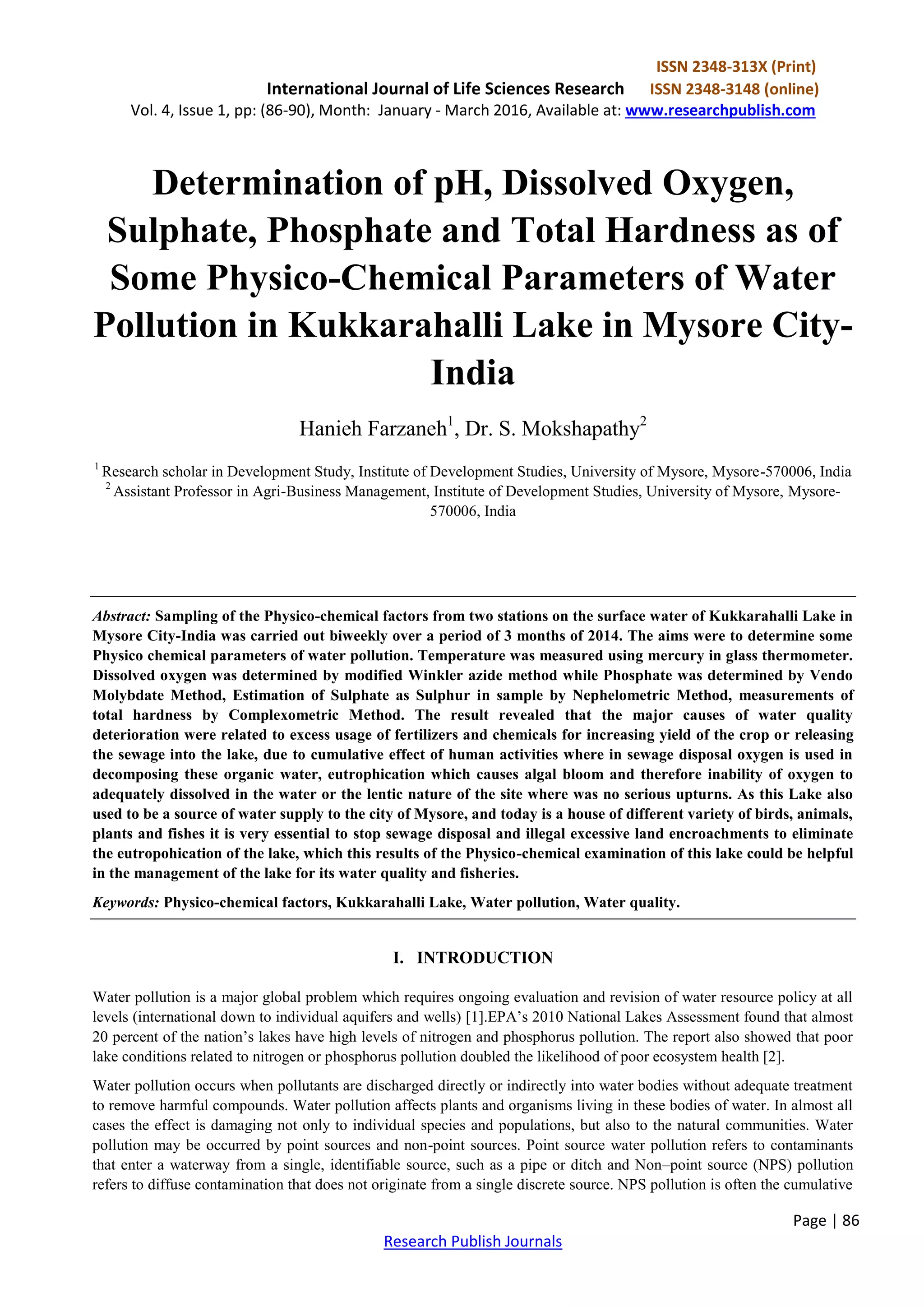 Determination of pH, Dissolved Oxygen, Sulphate, Phosphate and Total ...