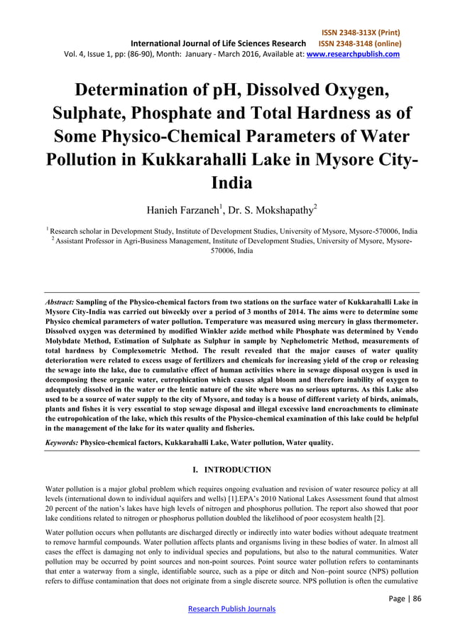 Determination Of Ph Dissolved Oxygen Sulphate Phosphate And Total Hardness As Of Some Physico